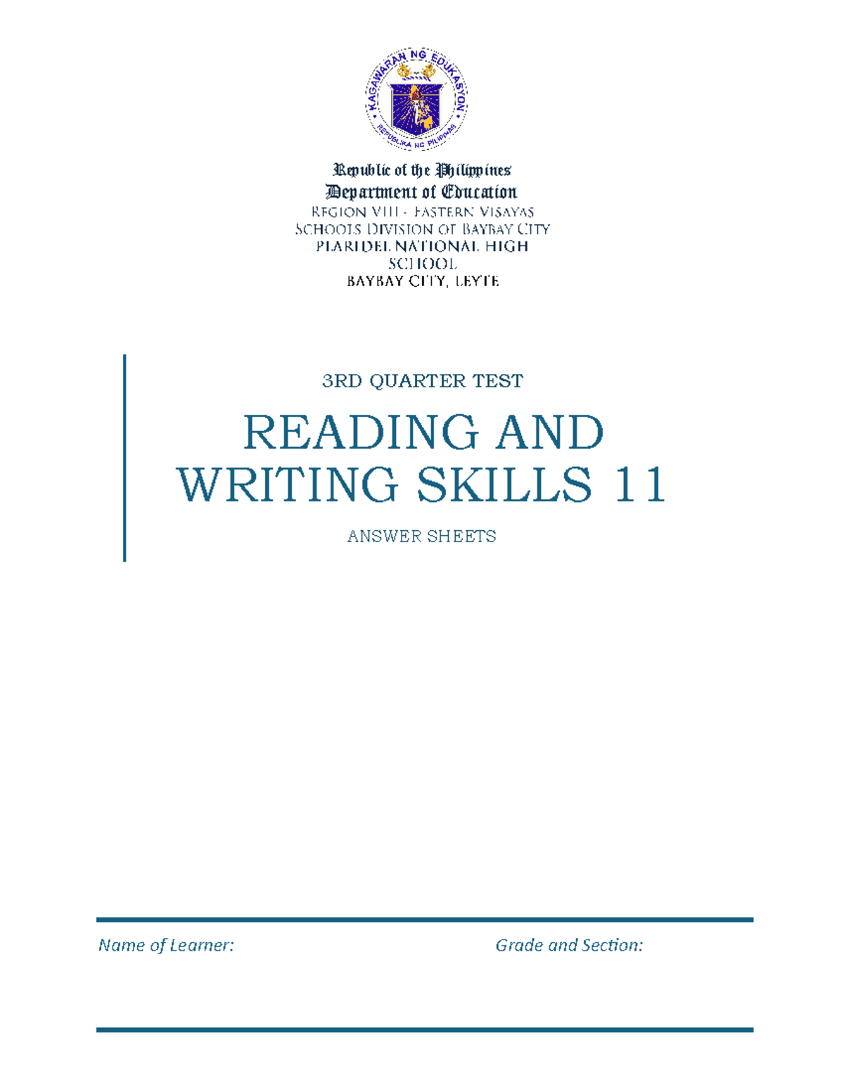 Reading and Writing Skills-Practice Test - 3RD QUARTER TEST READING AND ...