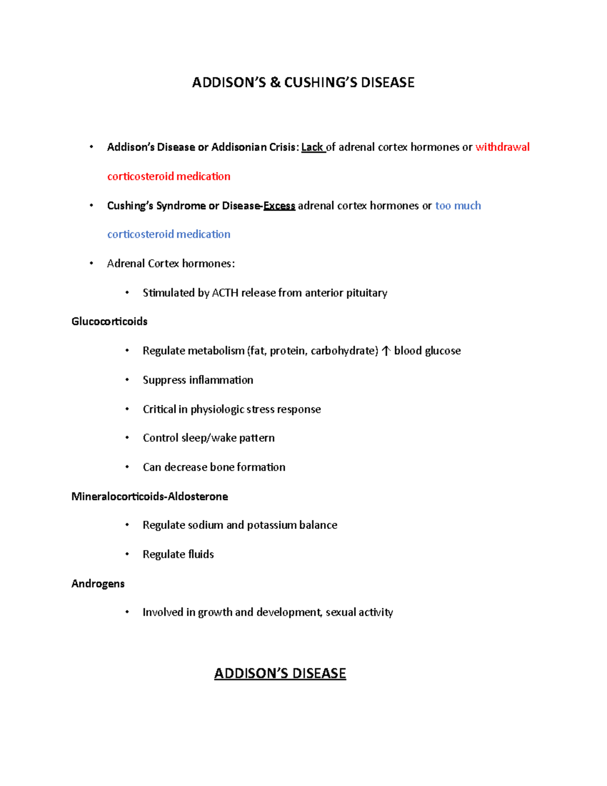 Addisons AND Cushings Medsurg - ADDISON’S & CUSHING’S DISEASE Addison’s Disease or Addisonian ...