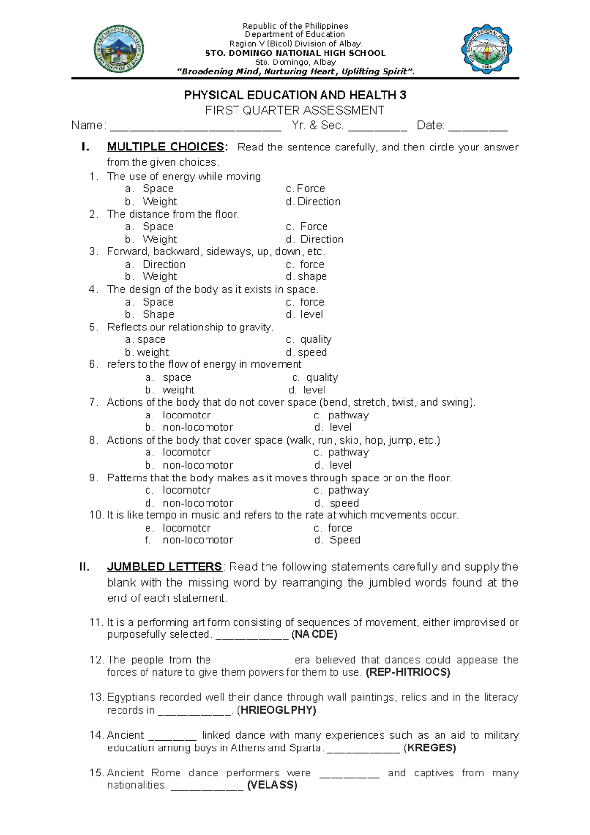 Dance-exam - Post Test - Republic of the Philippines Department of ...