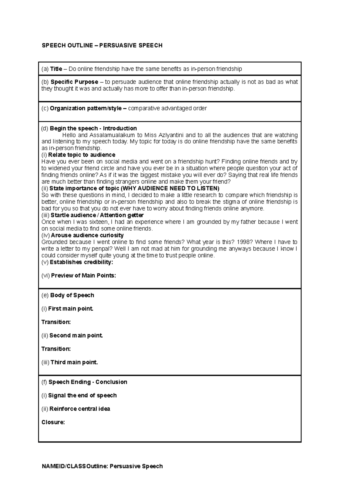 Worksheet - Speech TO Persuade - SPEECH OUTLINE – PERSUASIVE SPEECH (a ...
