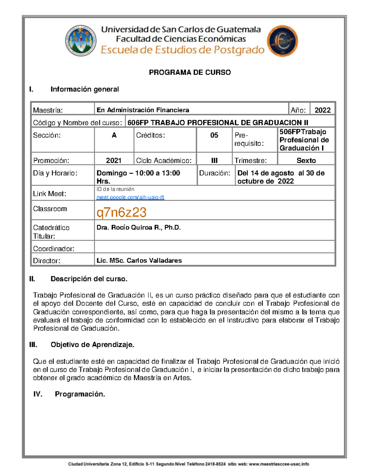 Programa DEL Curso TPG II 14 Agosto 30 OCT 2022 Sec - PROGRAMA DE CURSO ...