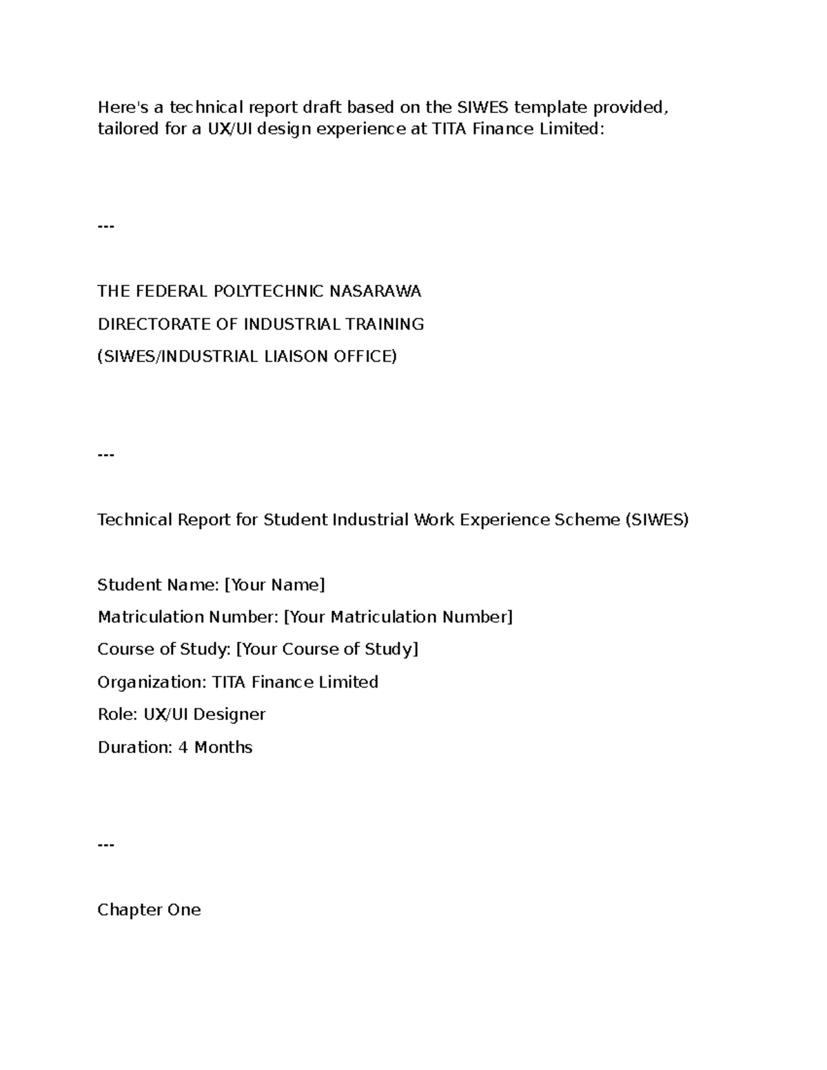 Draft 2 - SIWES TECHNICAL REPORT - Here's a technical report draft ...
