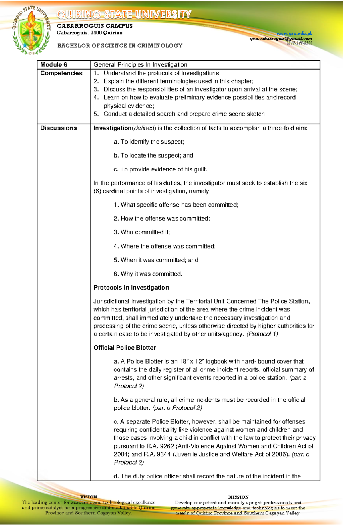 CDI 3 Module 6 im so k un car - BACHELOR OF SCIENCE IN CRIMINOLOGY qsu ...