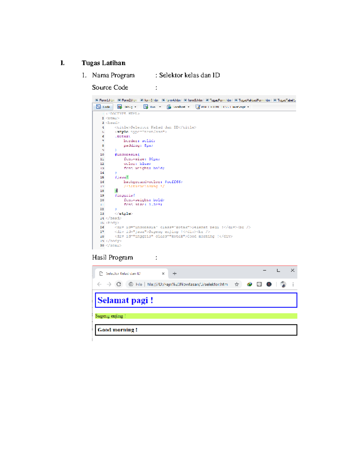 Laporan Praktikum 1 Pemrograman Web Selektor kelas dan ID - I. Tugas ...