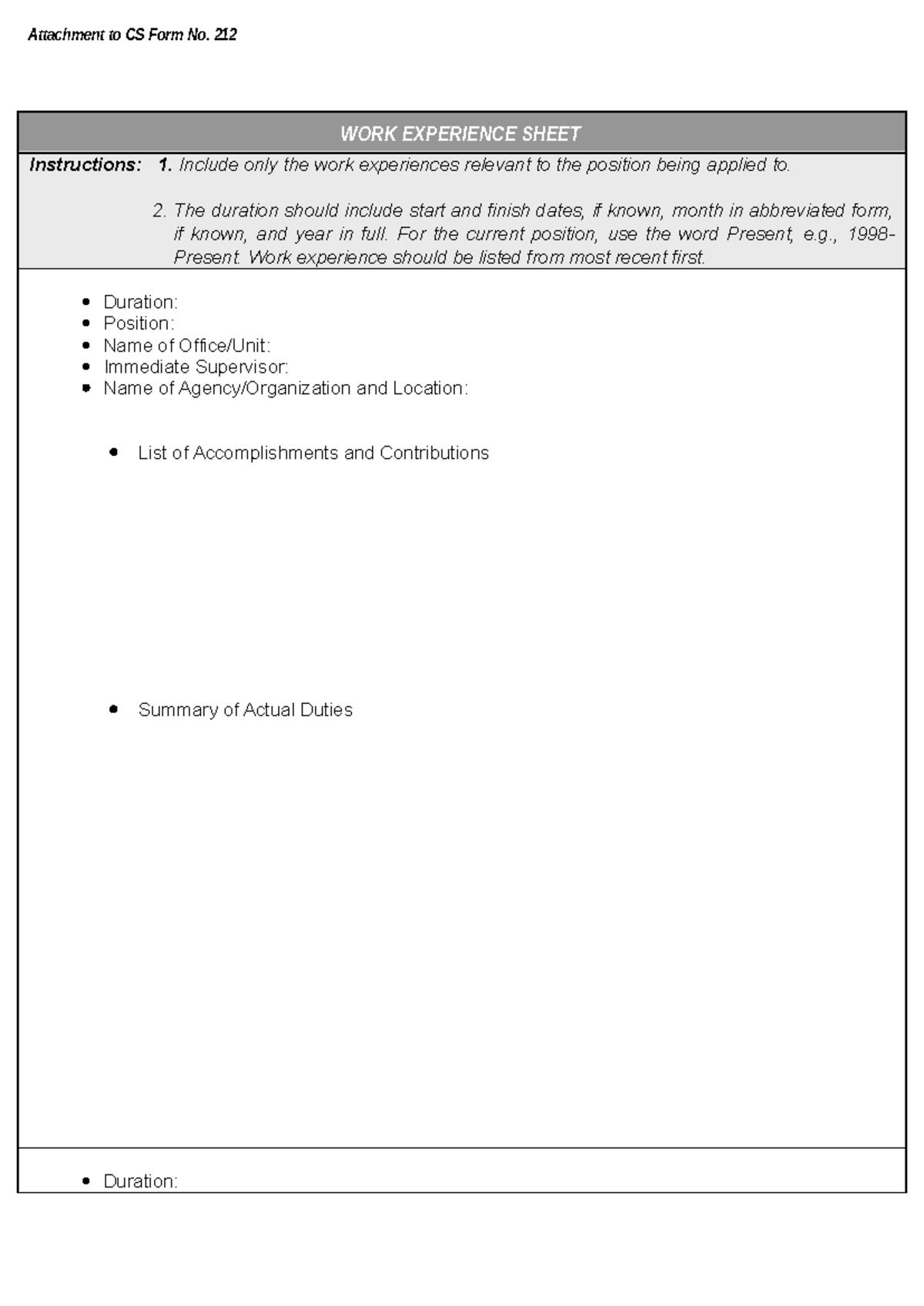 CS Form No. 212 Attachment - Work Experience Sheet - WORK EXPERIENCE ...