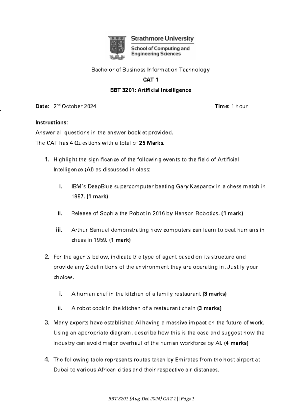 AI CAT 1 BBIT 3 220 Copies - BBT 3201 [Aug-Dec 2024 ] CAT 1 || Page 1 ...