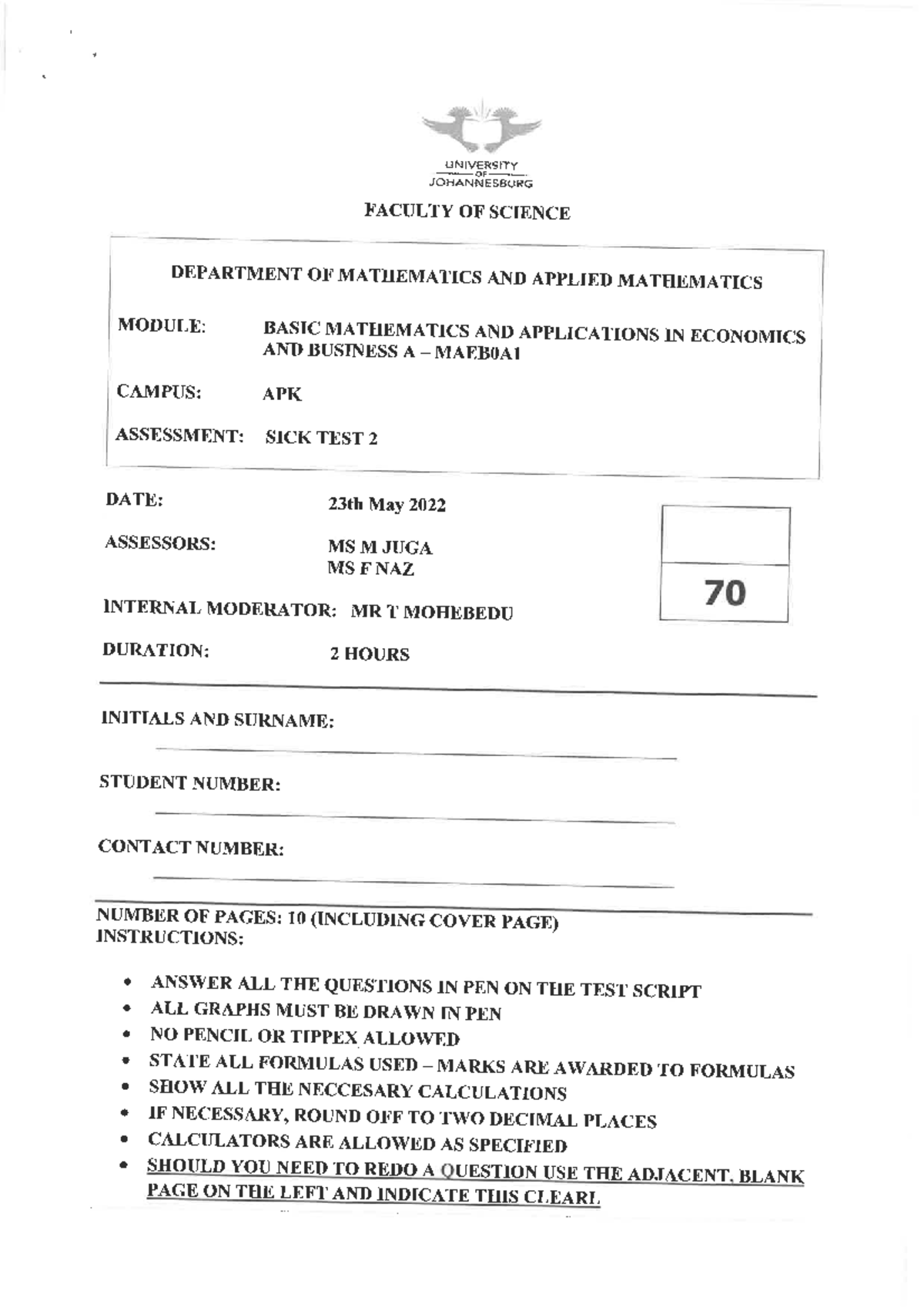 SICK T2 Memo - MAEB A 2022 sick test paper with answers - MAEB01A - Studocu