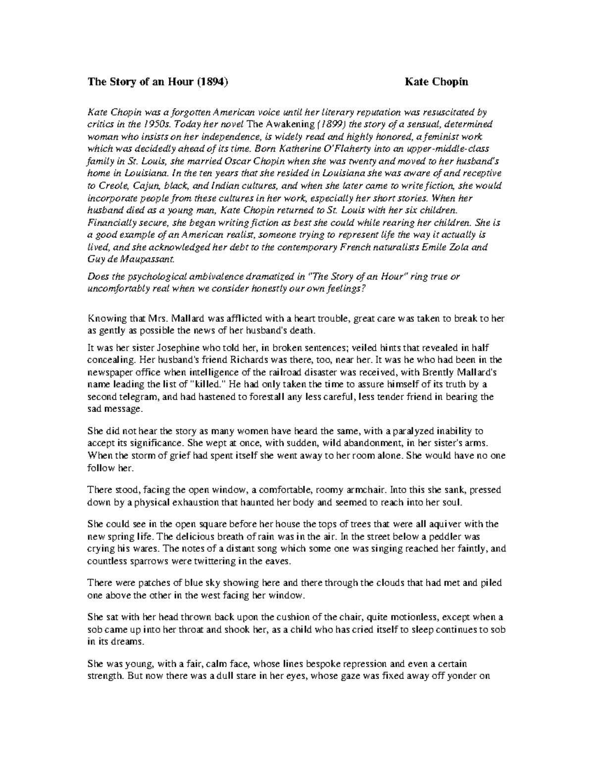 Kate Chopin Story Texts - The Story of an Hour (1894) Kate Chopin Kate ...