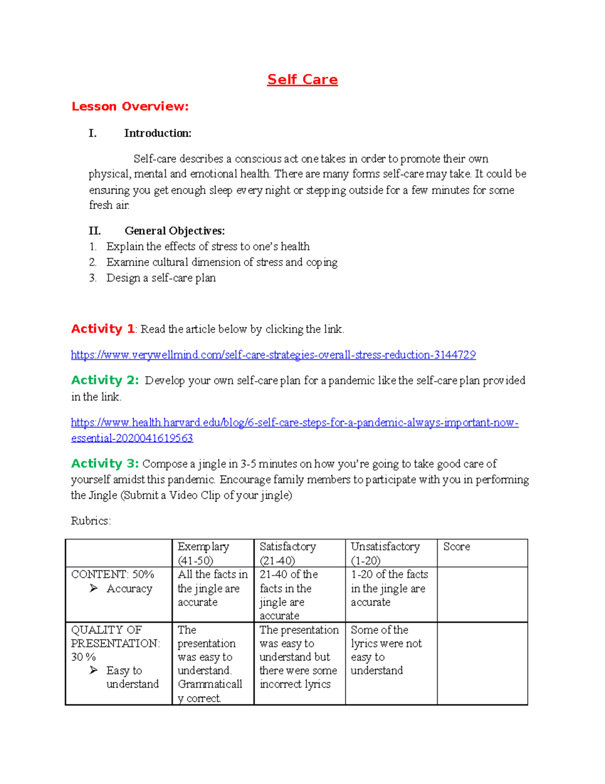 Self-Care - Understanding the Self Lecture Notes - Self Care Lesson ...