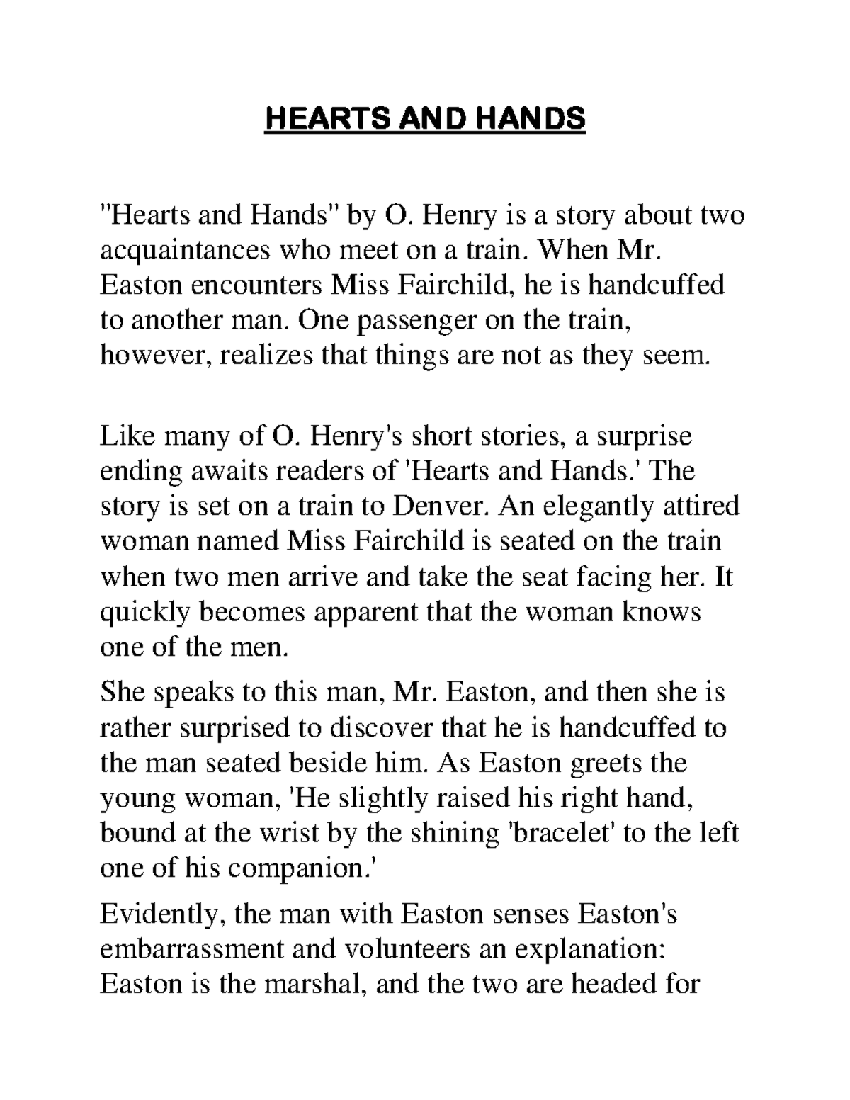 Hearts and hands - HEARTS AND HANDS ''Hearts and Hands'' by O. Henry is ...