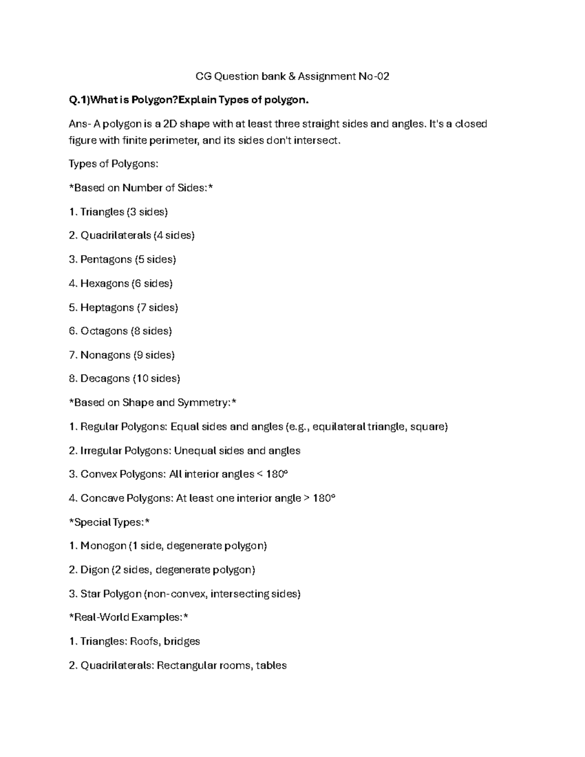 CG question bank UT-2 - CG Question bank & Assignment No- 02 Q)What is Polygon?Explain Types of ...
