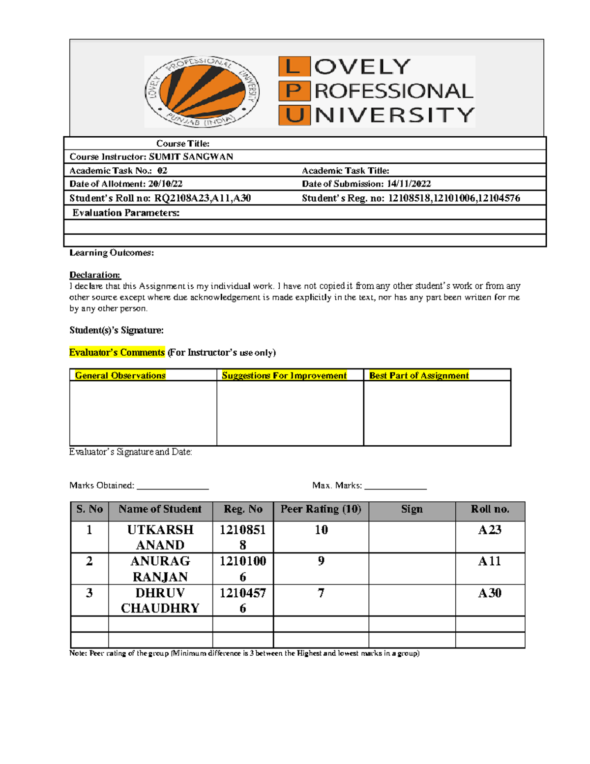 Research Assignment - Course Title: Course Instructor: SUMIT SANGWAN ...