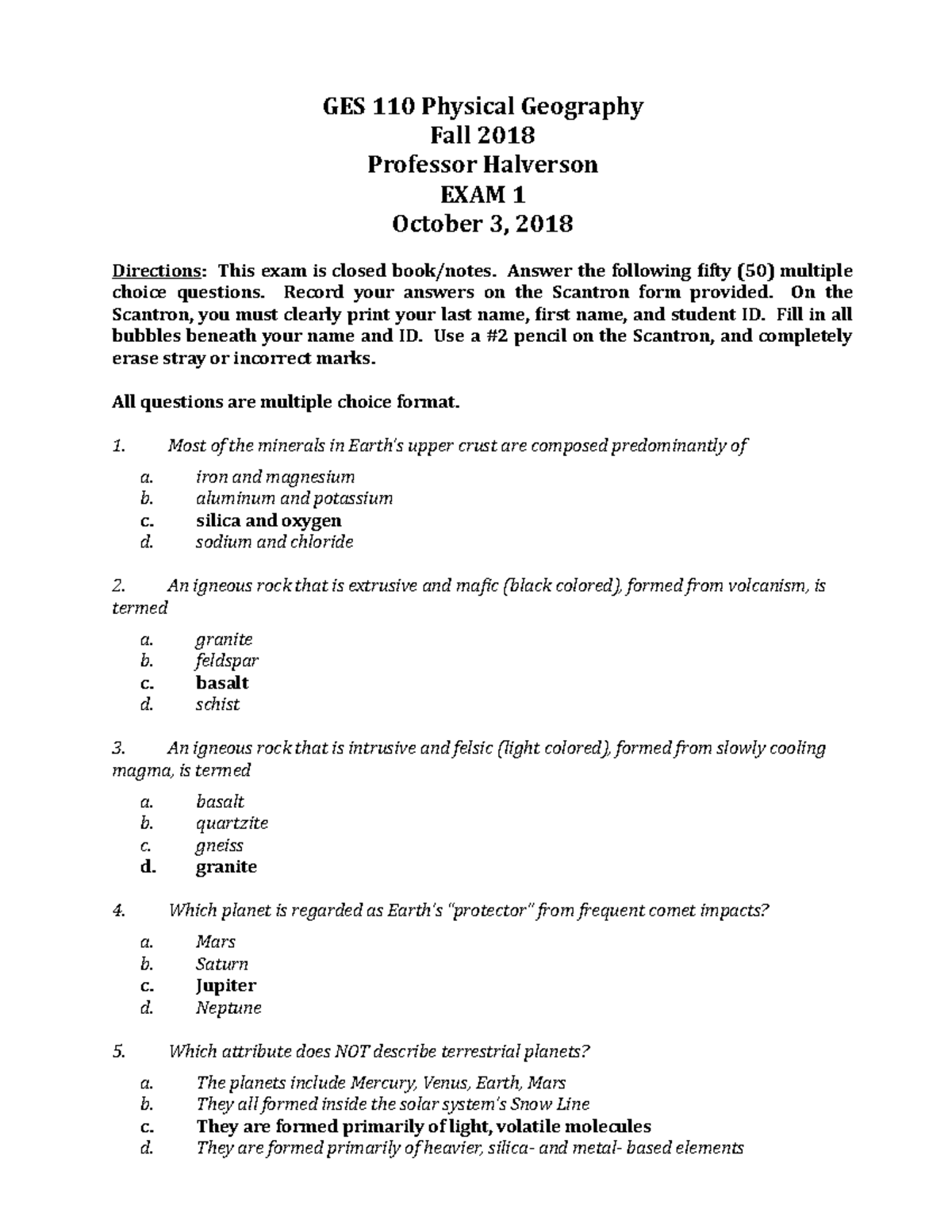 Exam 1 Key - ANSWER KEY EXAM 1 - GES 110 Physical Geography Fall 2018 ...