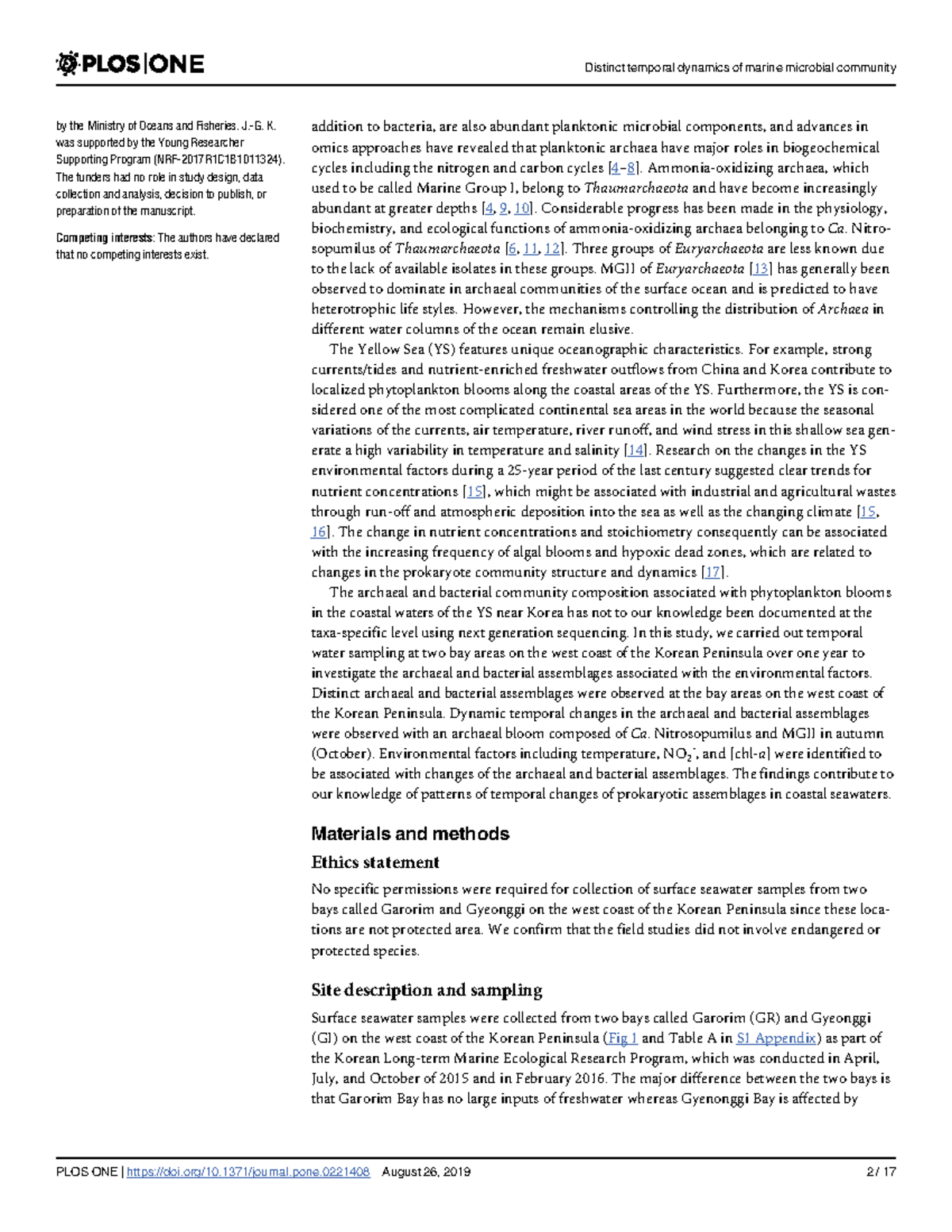 Distinct Temporal Dynamics Of Planktonic Archaeal And Bacterial Assemblages In The Bays Of The