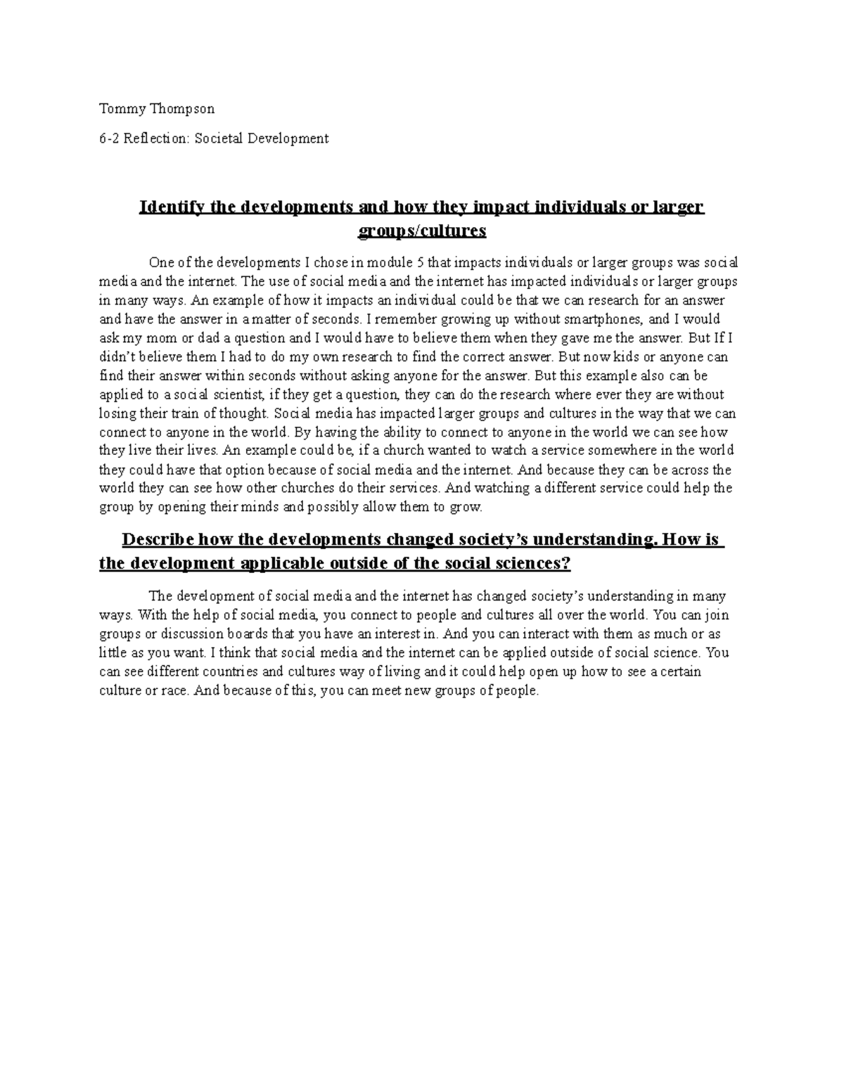 6-2 Reflection Societal Development - Tommy Thompson 6-2 Reflection ...