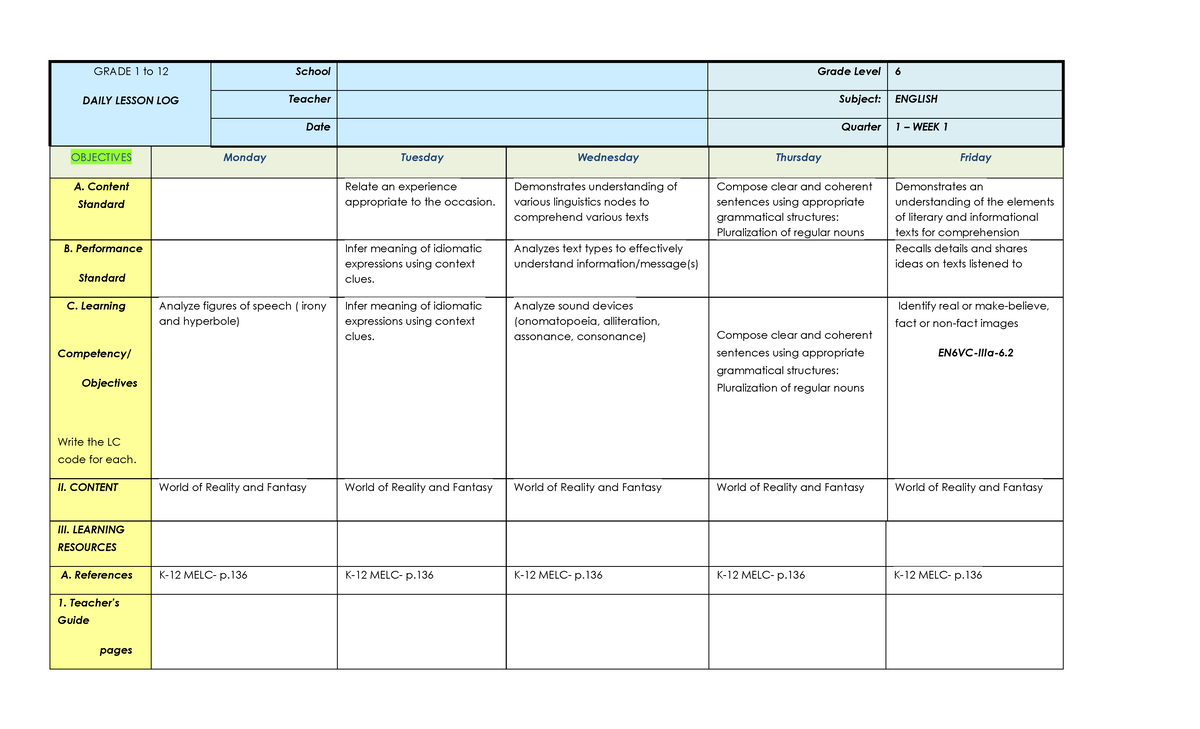 WEEK1-dll- English - Lesson Log - GRADE 1 to 12 DAILY LESSON LOG School ...