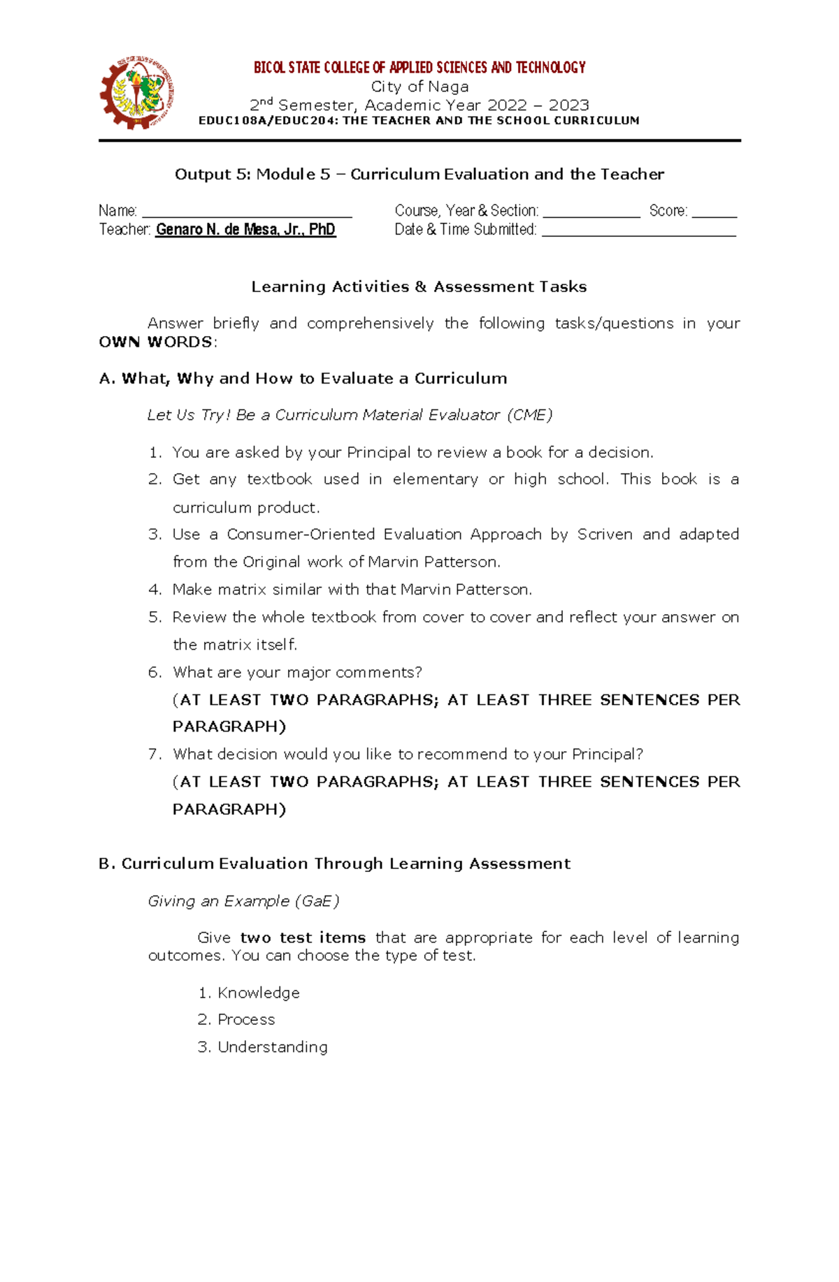 Output 5-Module 5-Curriculum Evaluation and the Teacher - BICOL STATE ...