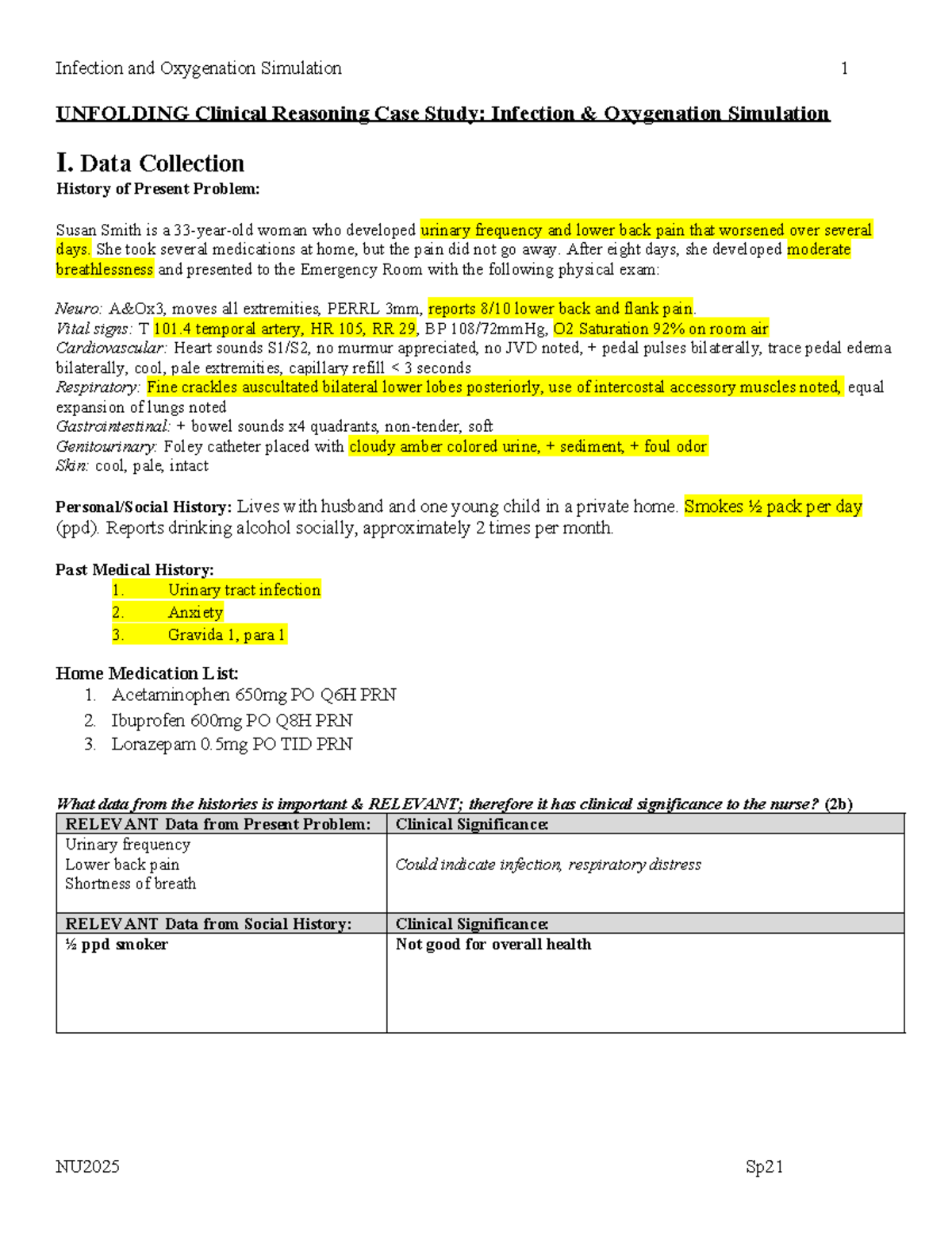 NUR2025 Simulation Packet-Infection and Oxygenatio - UNFOLDING Clinical ...