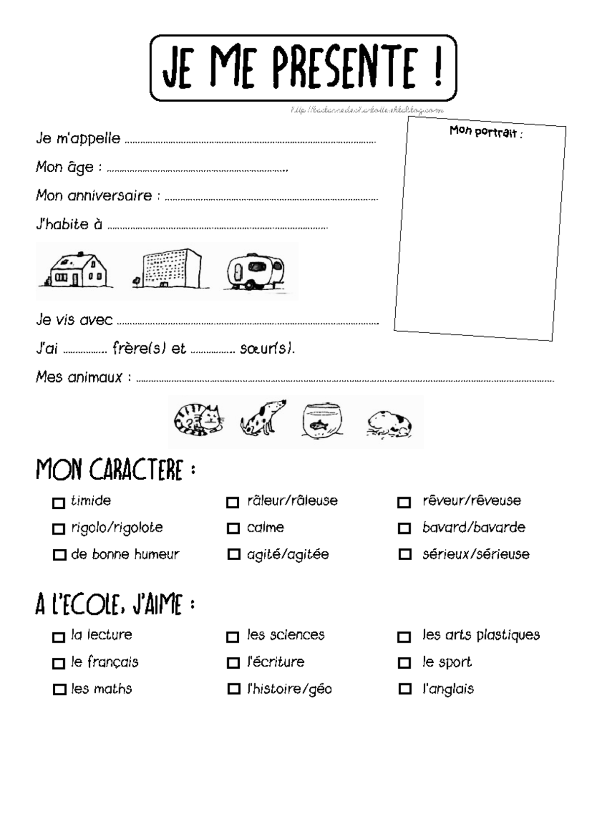 Fiche je me presente - Vocabulário - Francês I - Mon caractere : A l ...