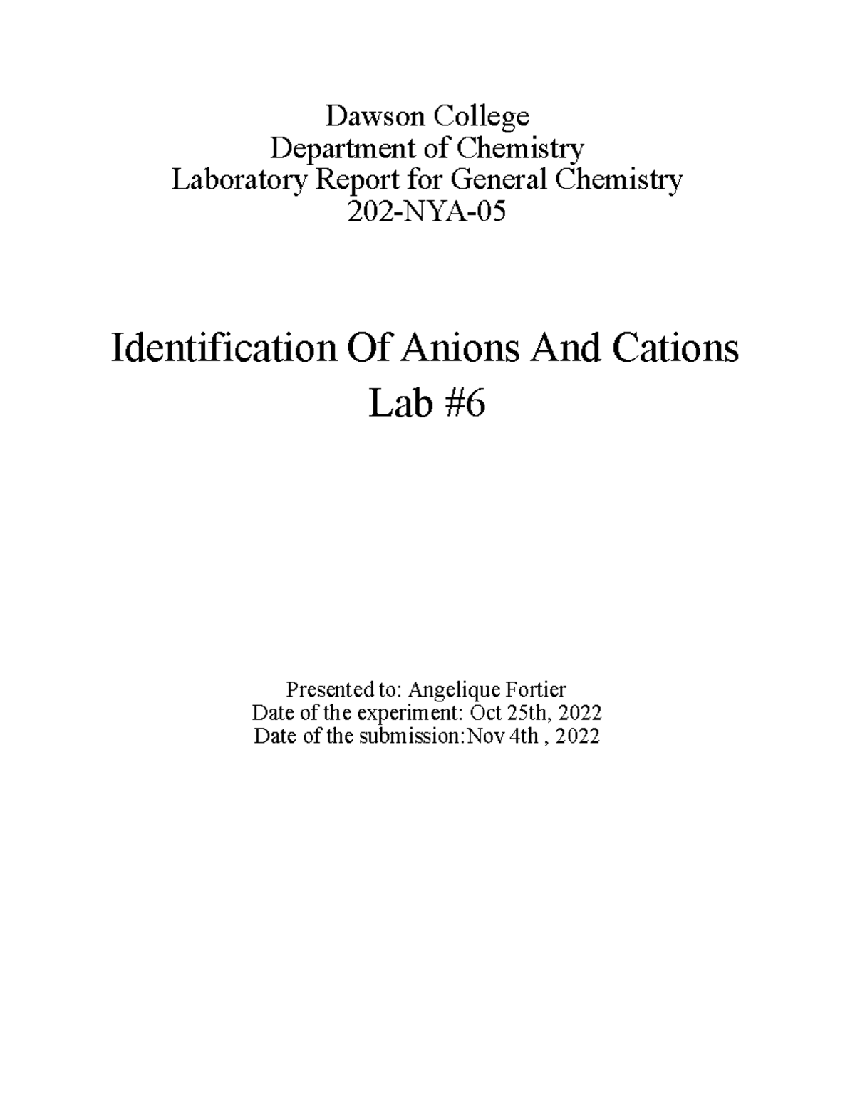Identification Of Anions And Cations Lab #6 - Dawson College Department ...