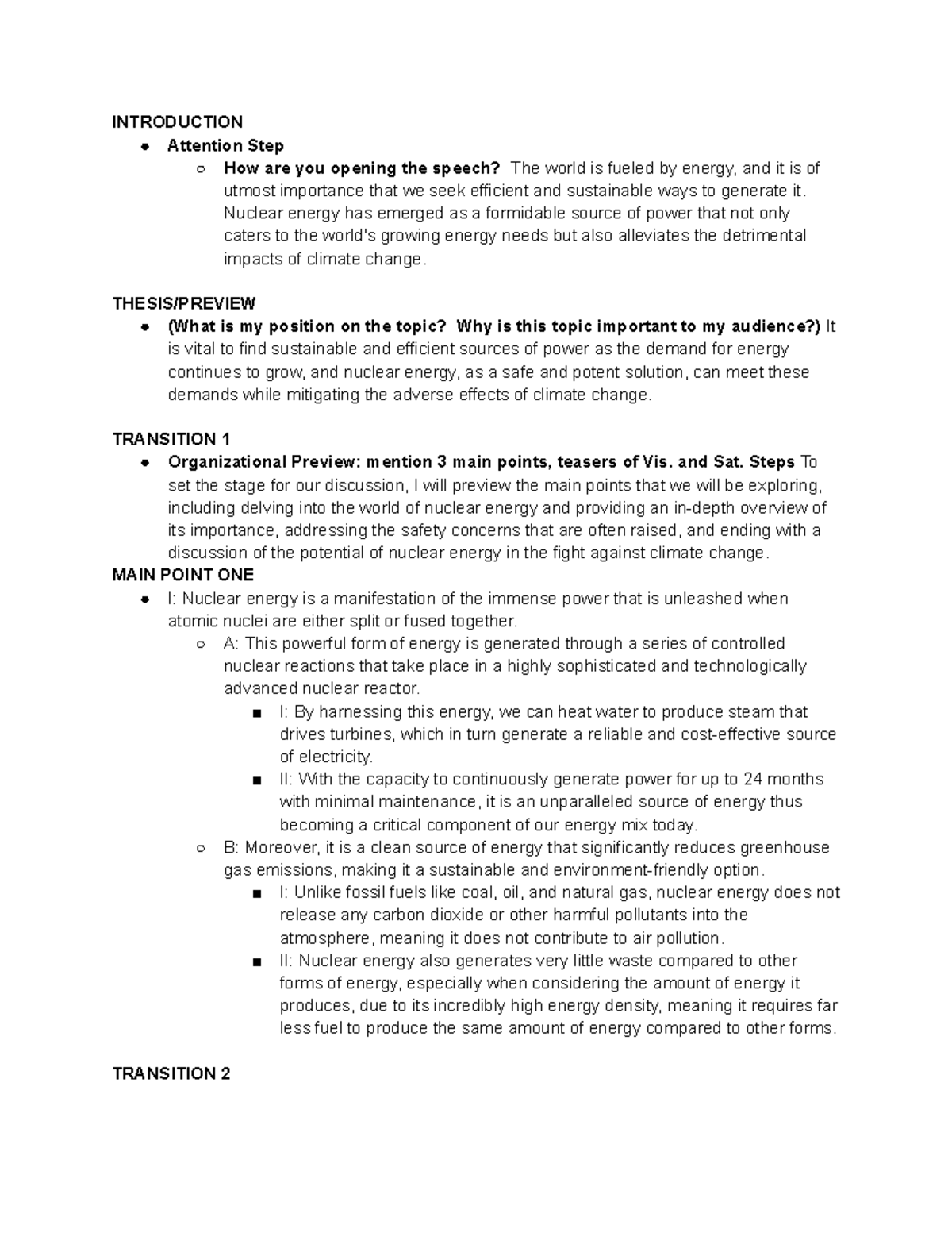 Argumentative Essay Speech - Nuclear Energy - INTRODUCTION Attention ...