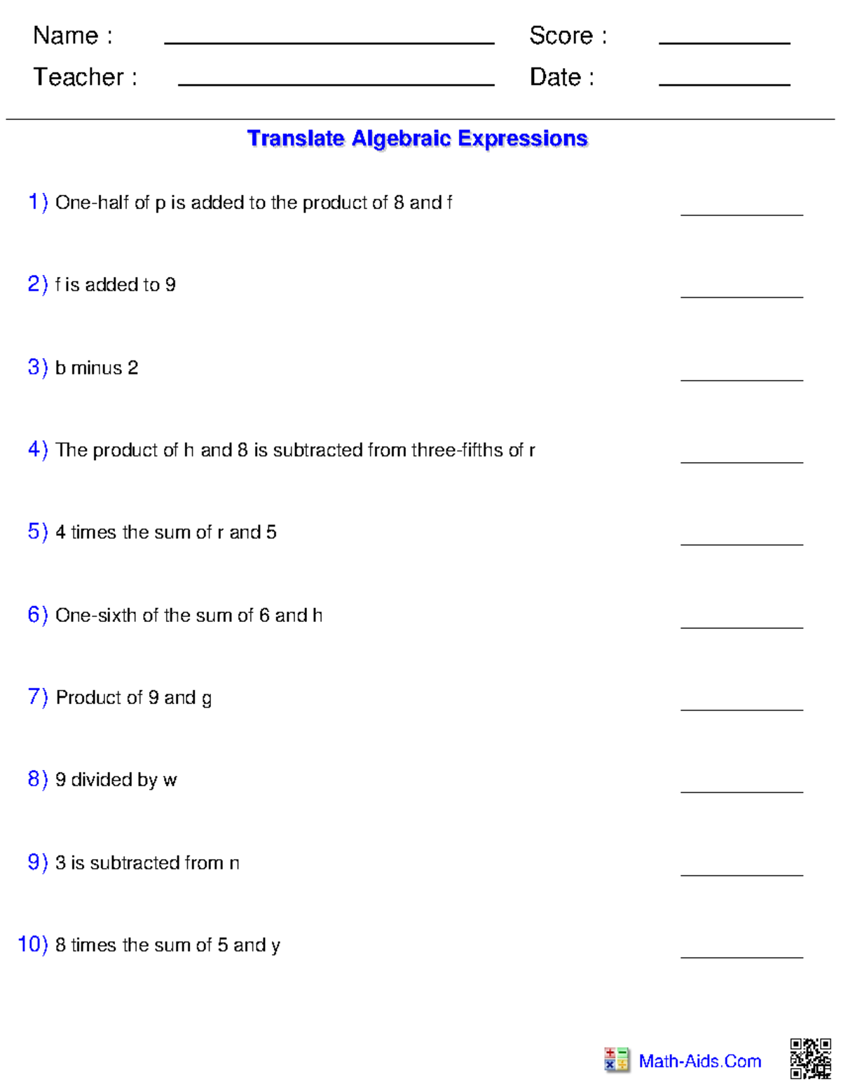 Algebra expressions - practice questions - Name : Teacher : Date ...
