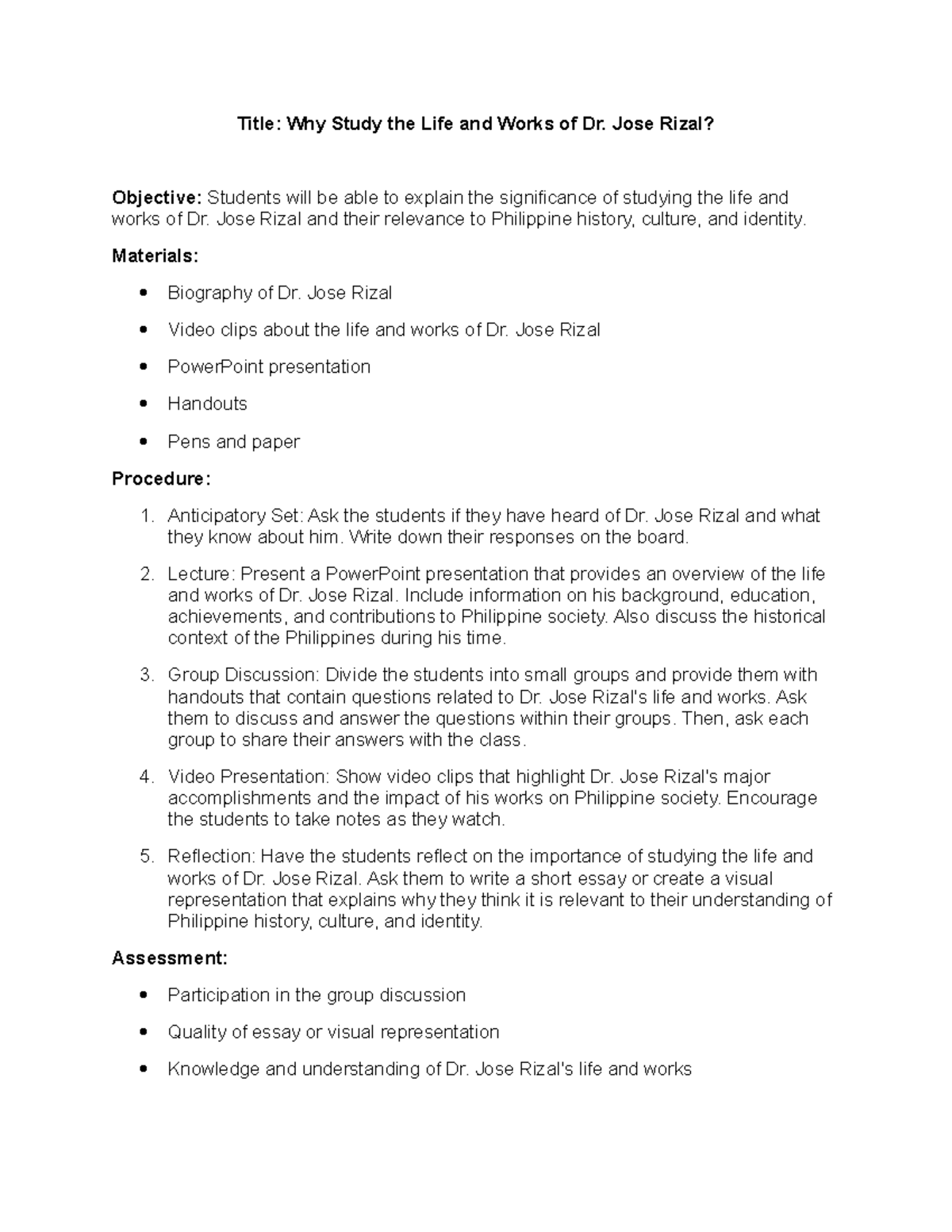 Why Study the Life and Works of Dr. Jose Rizal - Title: Why Study the ...