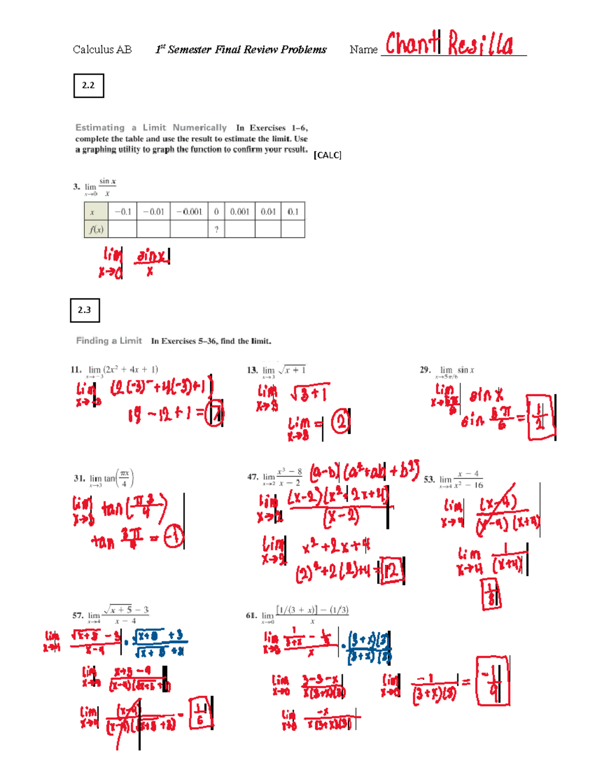 Calc AB 1st Semester Exxam Review 20-21 - Calculus AB 1 st Semester ...