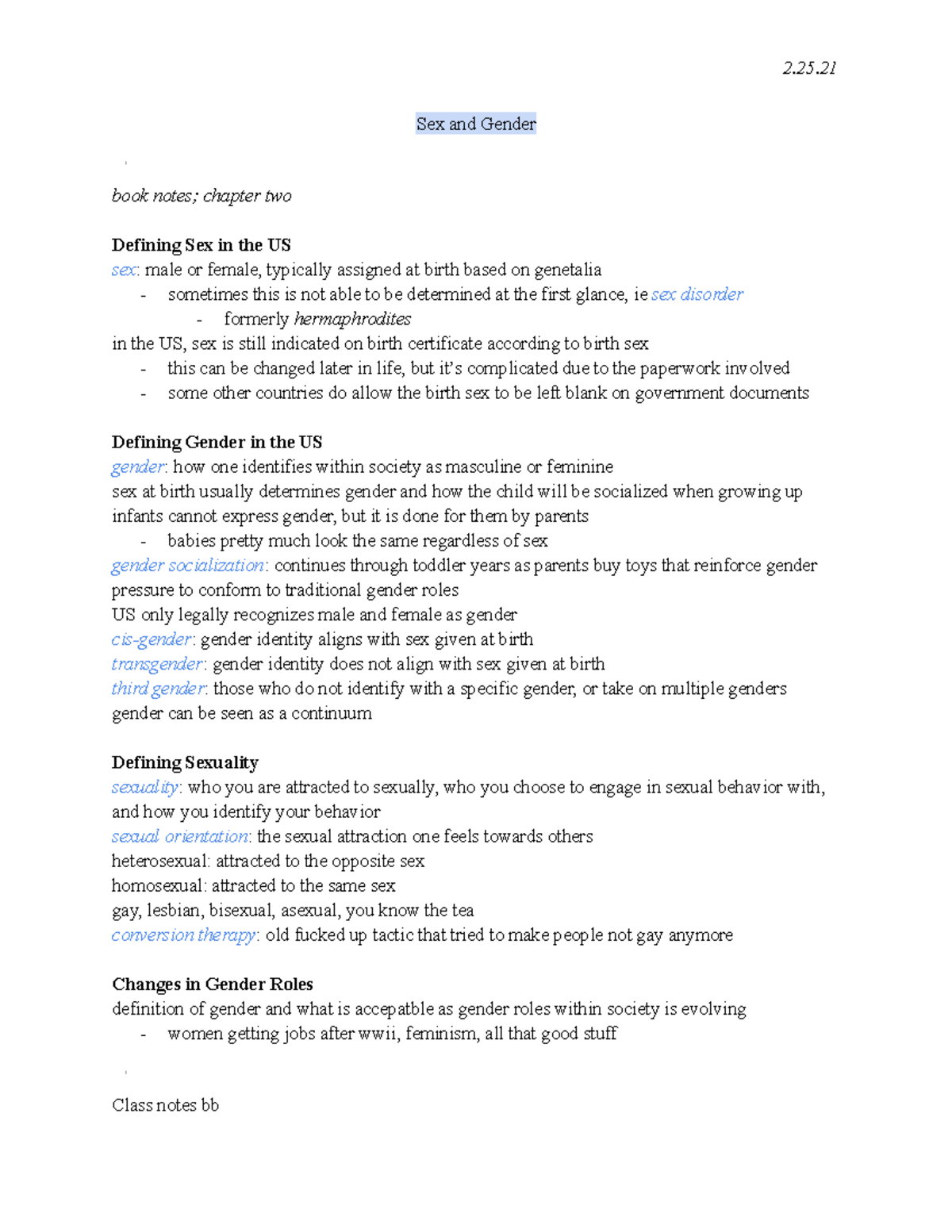 Sex and Gender Notes - 2. Sex and Gender book notes; chapter two ...