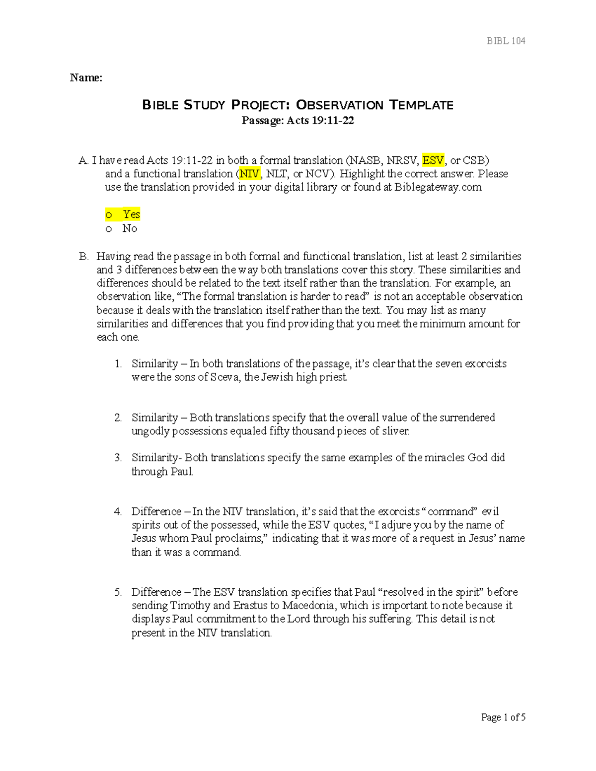 Bible Study Project Observation Template - Name: BIBLE STUDY PROJECT ...
