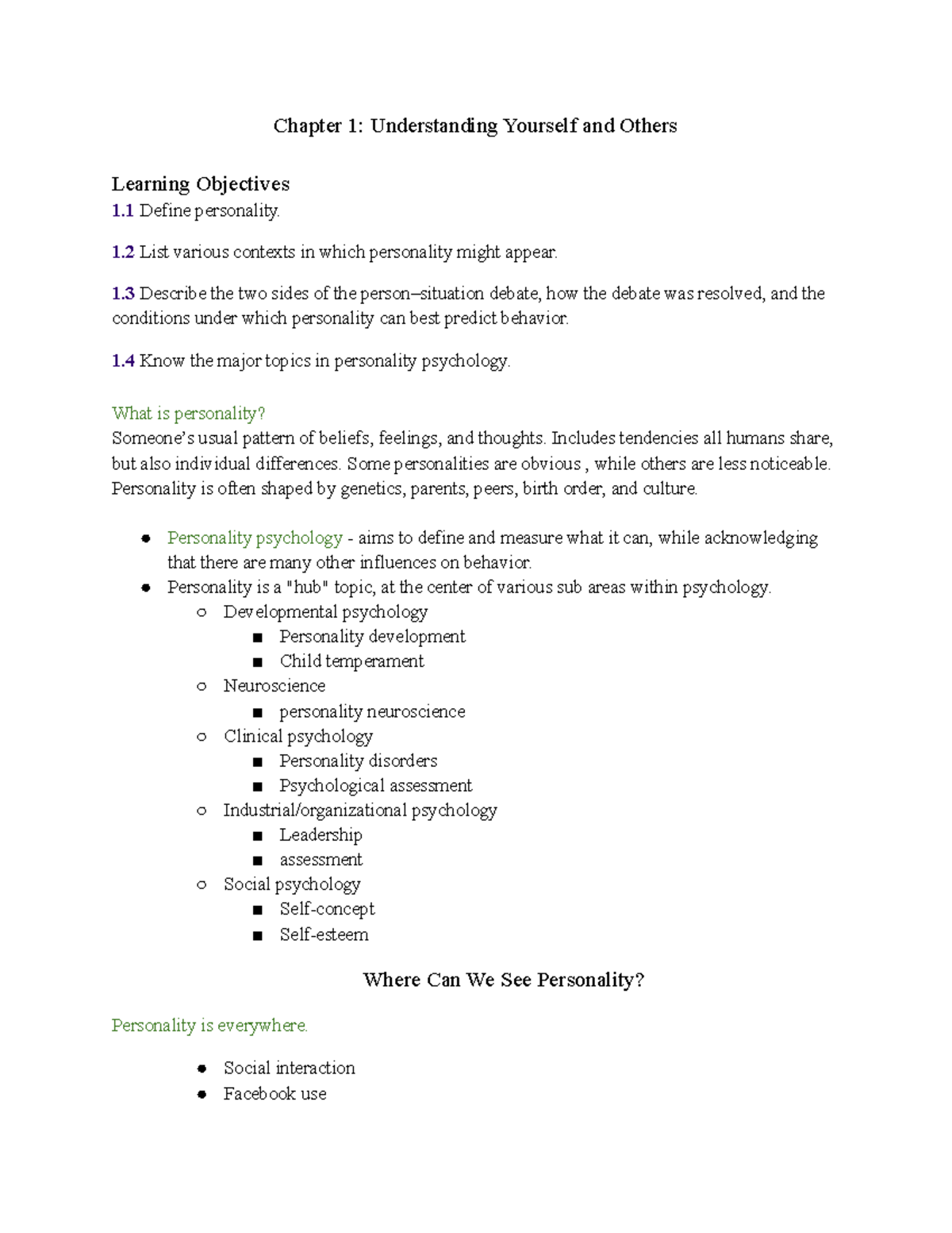 Psychology 1 Lecture chapter 1 notes - Chapter 1: Understanding ...