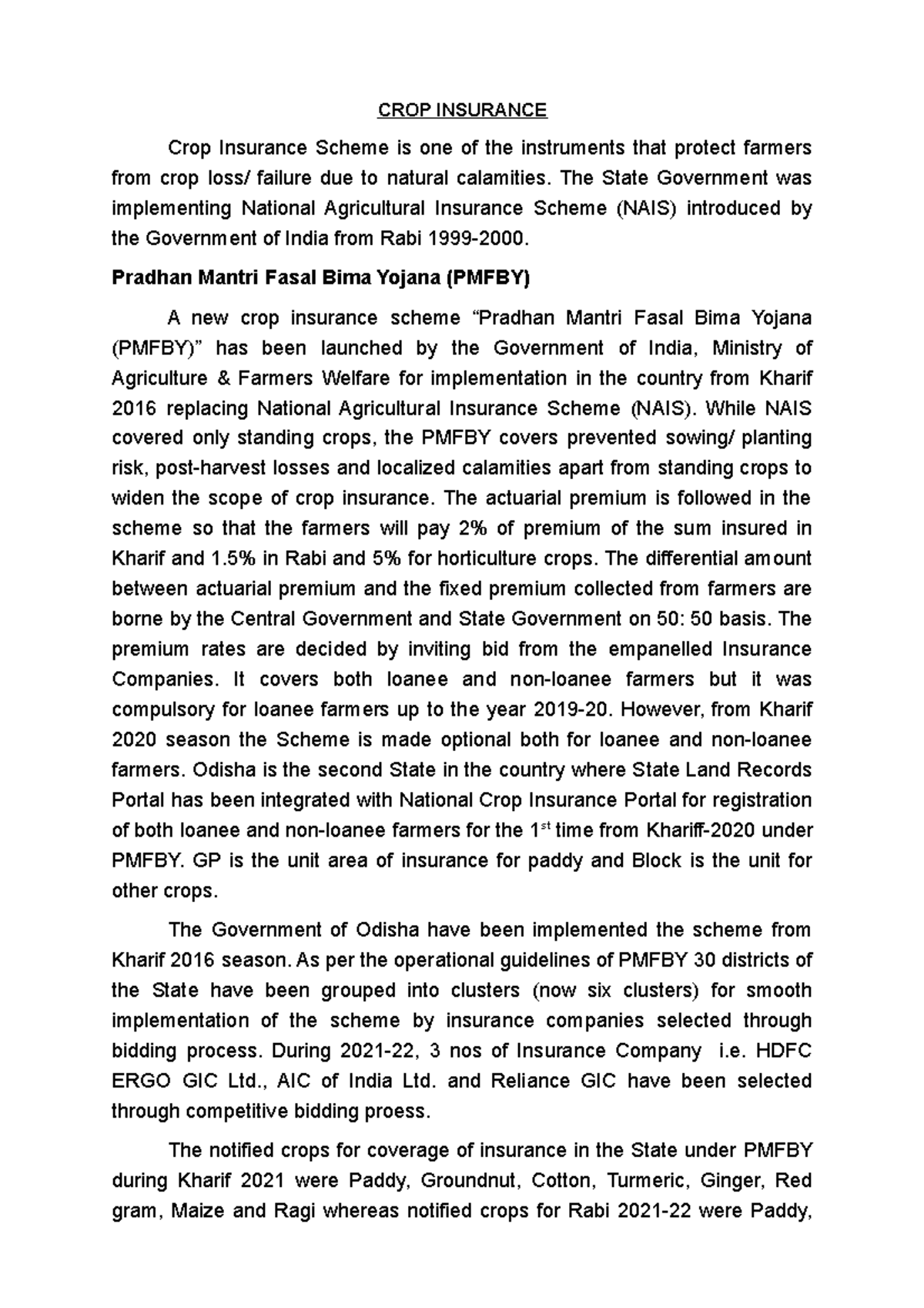 CROP Insurance - CROP INSURANCE Crop Insurance Scheme is one of the ...