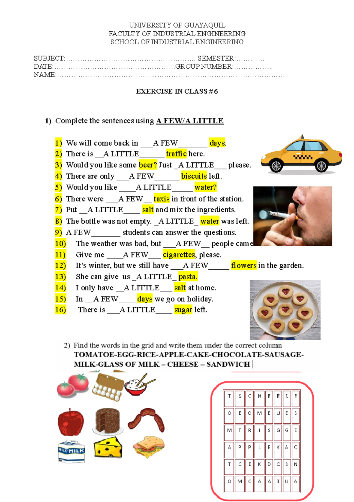Exercise in Class 4 Englsih 2 A LOT A FEW A Little - UNIVERSITY OF ...