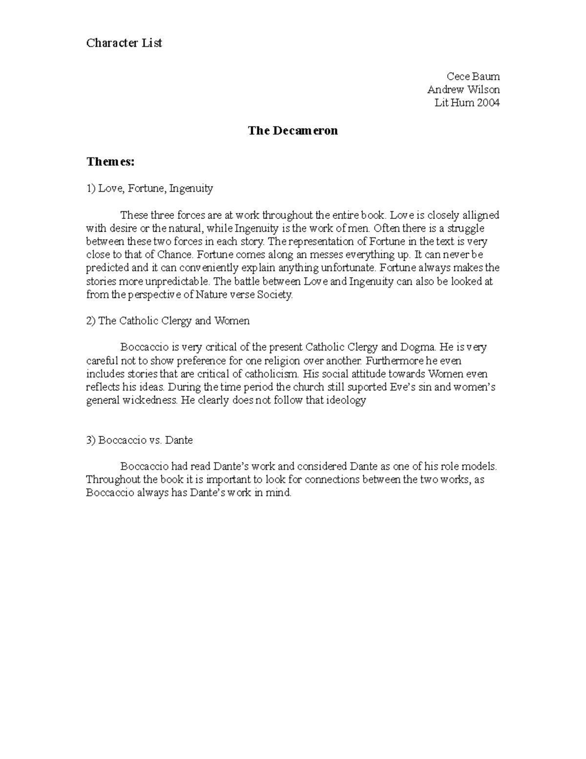 4. Boccaccio-The Decameron - Character List Cece Baum Andrew Wilson Lit ...