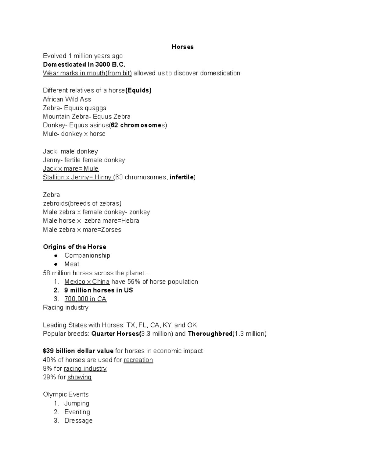 Horses Notes and Definitions - Horses Evolved 1 million years ago ...