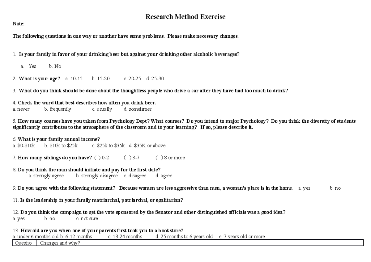 Exercise- Questionnaire Design - Research Method Exercise Note: The ...