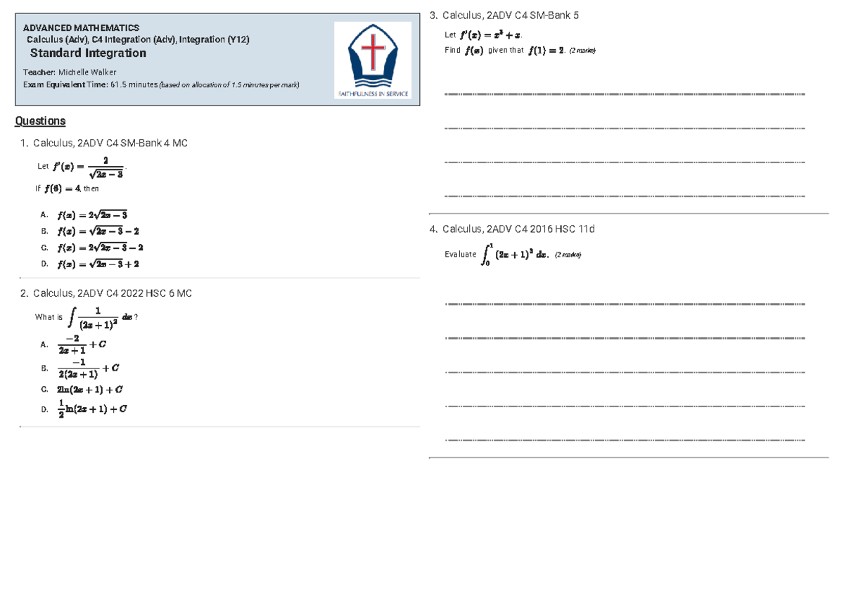 HSC Integration - 1. Calculus, 2ADV C4 SM-Bank 4 MC 2. Calculus, 2ADV ...