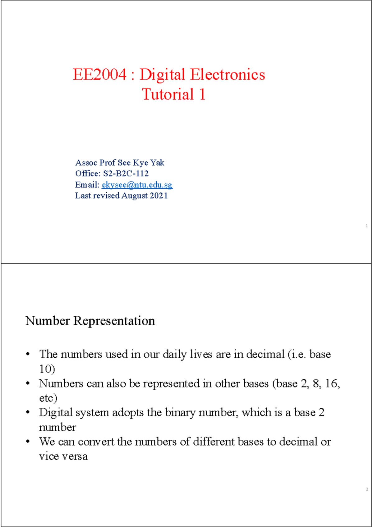 IE2104 Tut1 - Solution - EE2004 : Digital Electronics Tutorial 1 1 ...