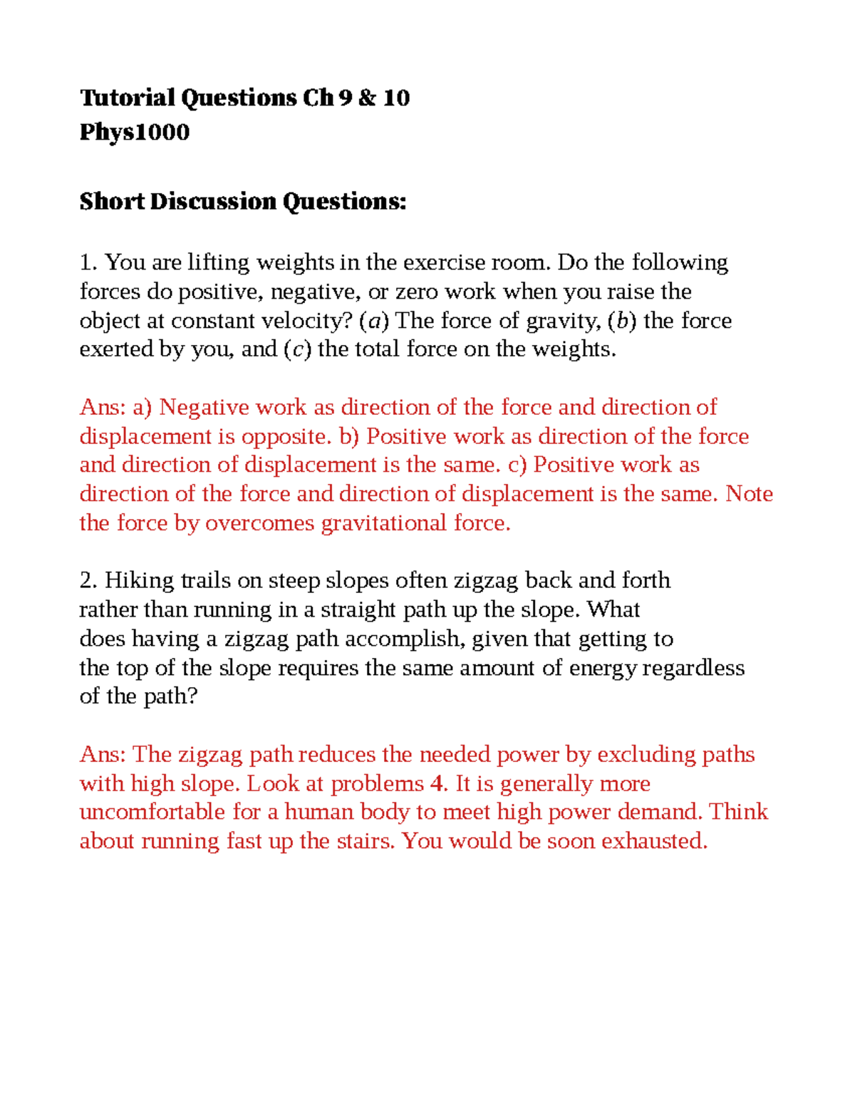 Tut 9 10 QA - Tutorial - Tutorial Questions Ch 9 & 10 Phys Short ...