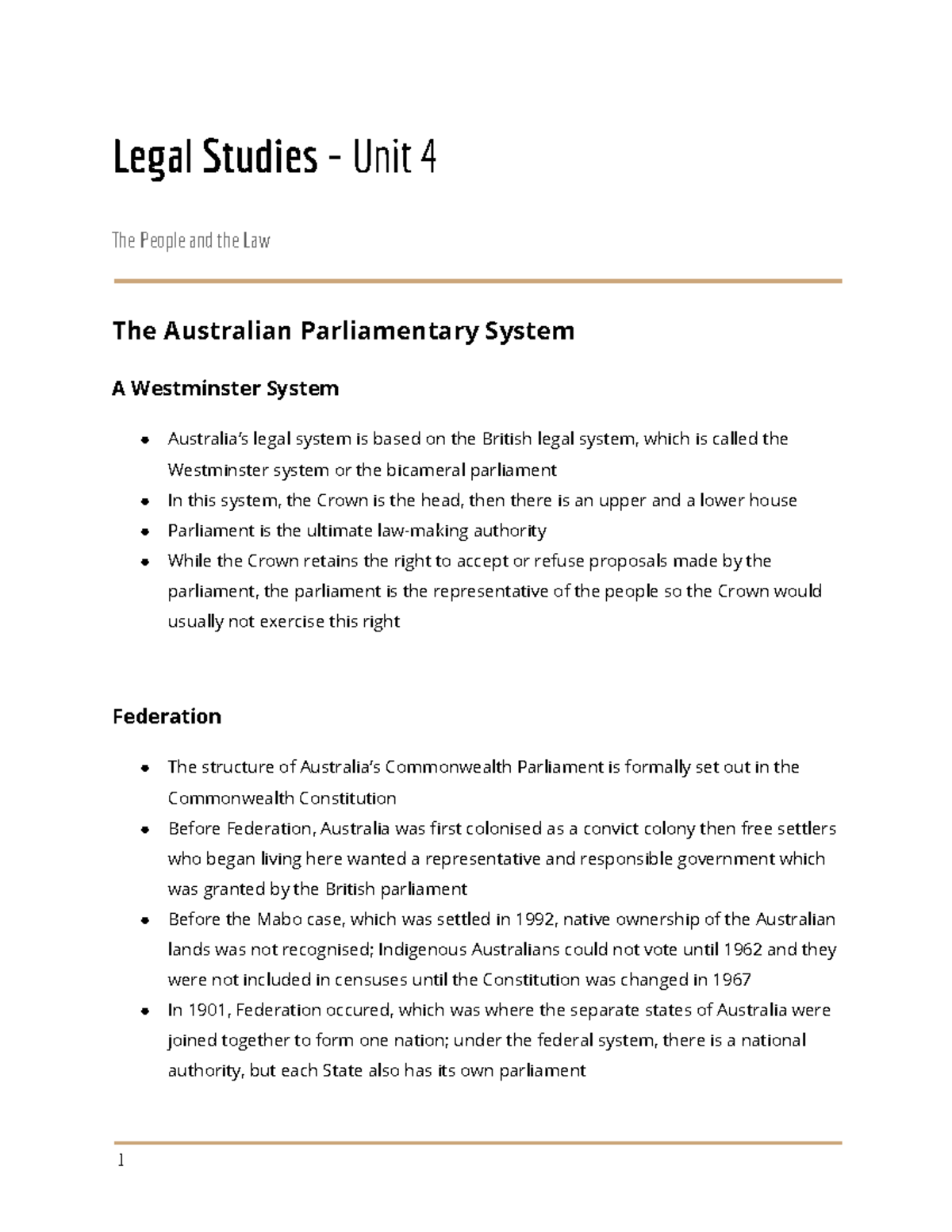 Legal Notes Unit 4 - Legal Studies - Unit 4 The People and the Law The ...