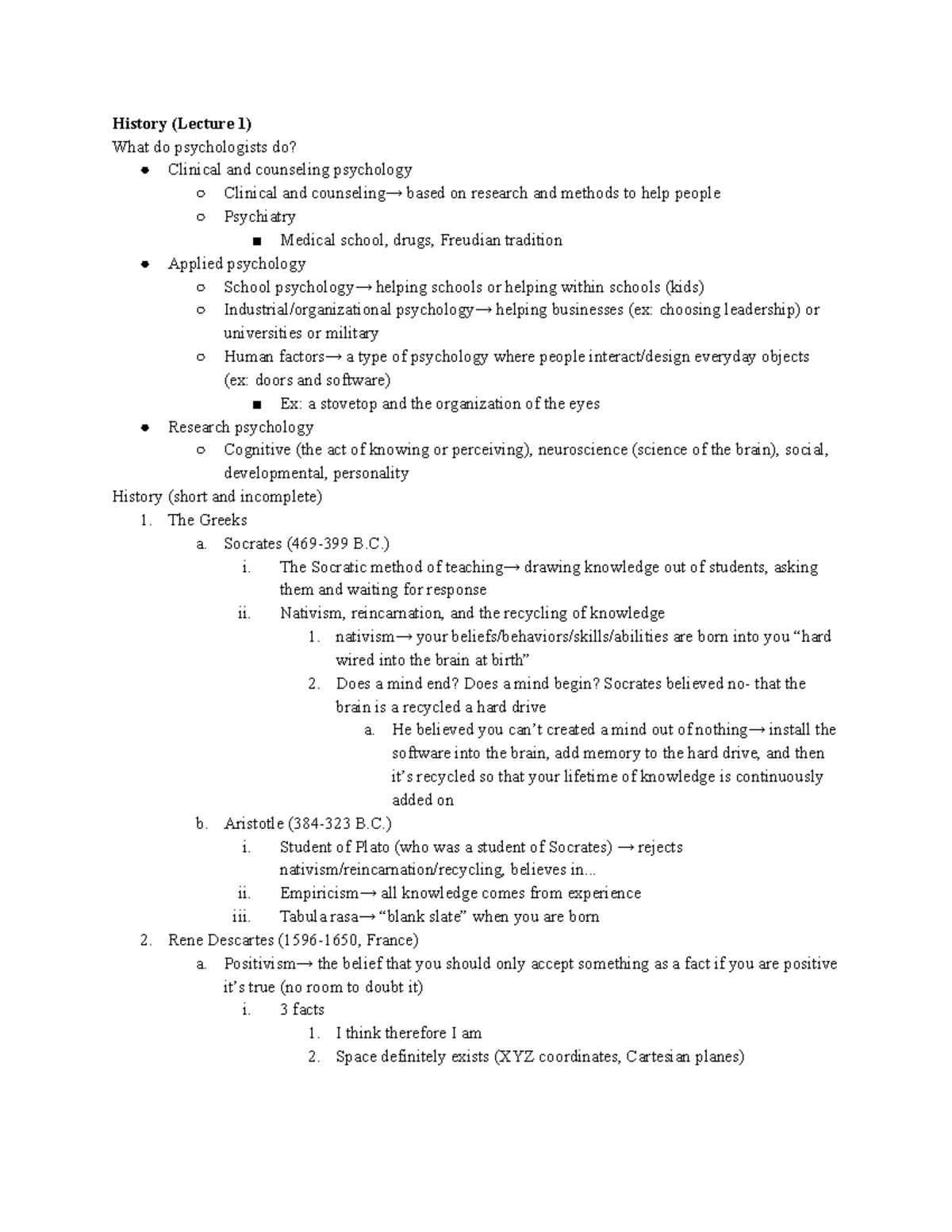 Pyschology Notes Part 1 - History (Lecture 1) What do psychologists do ...