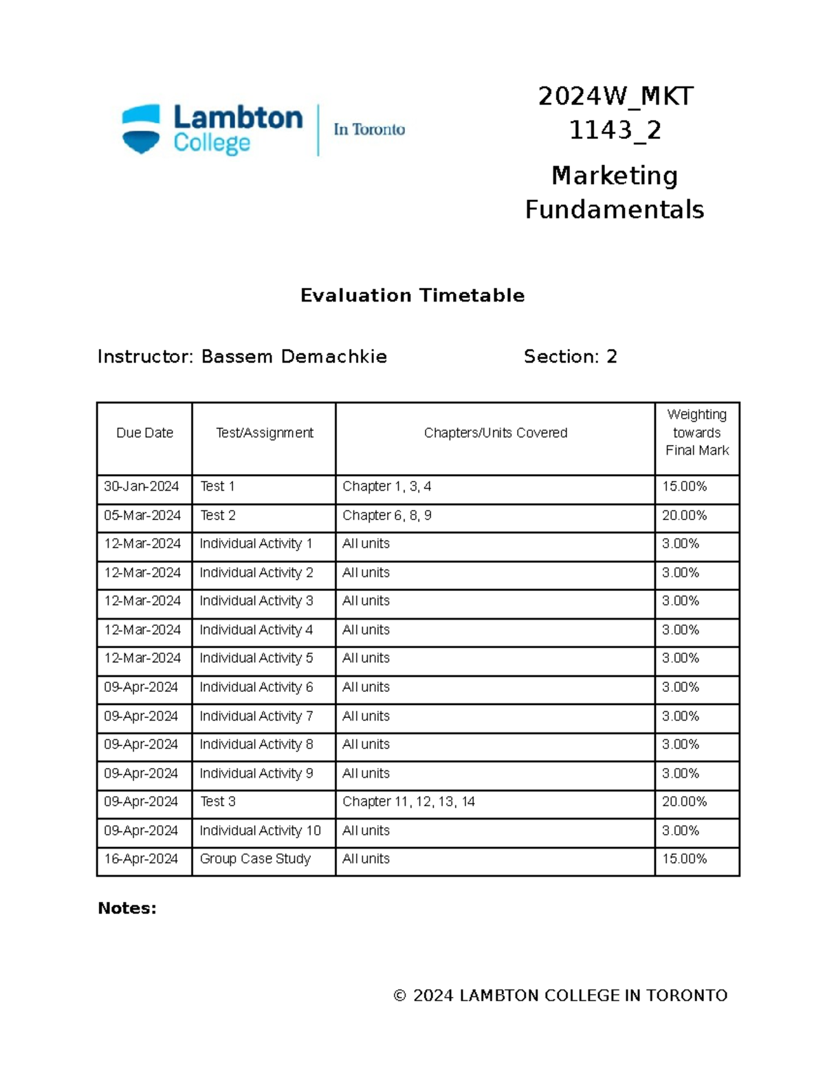 Evaluation Timetable-2024W MKT 1143 2-12 - 2024W_MKT 1143_ Marketing Fundamentals Evaluation ...
