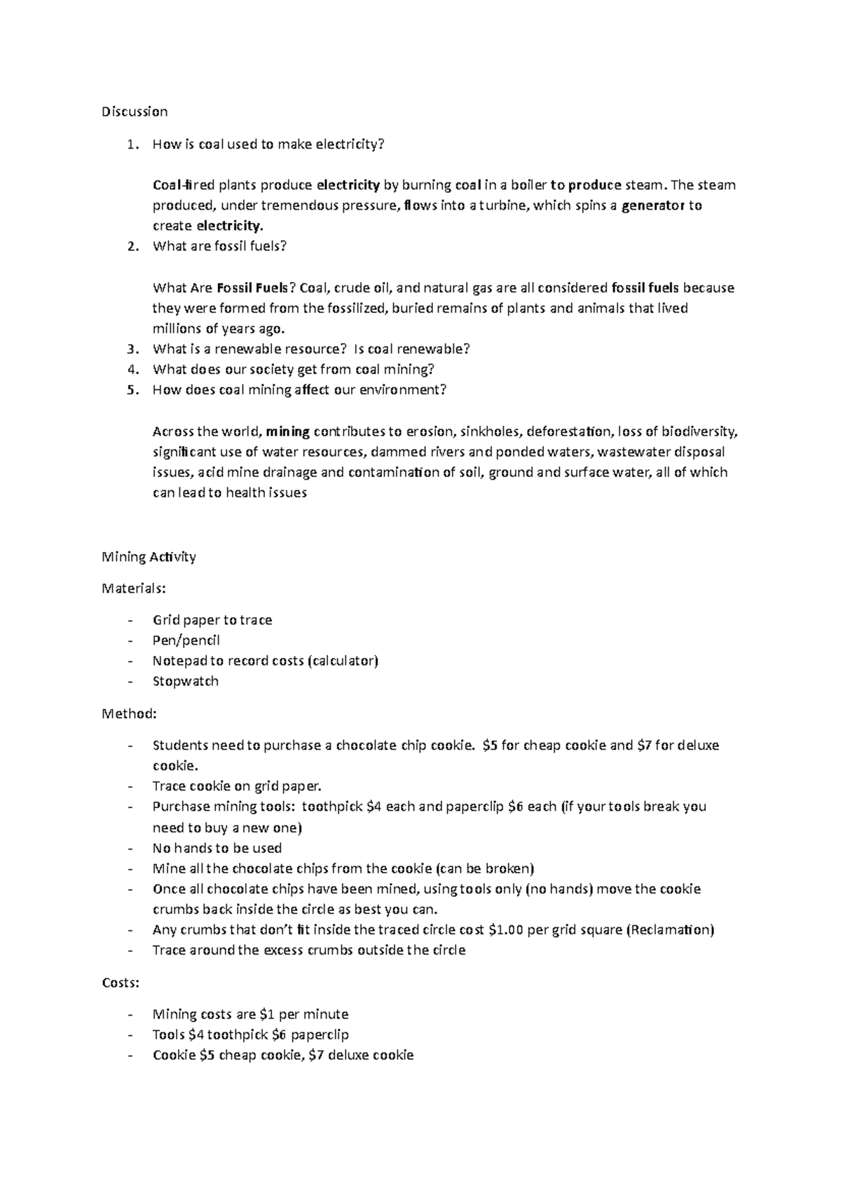 Cookie Mining Activity for Year 7 Science - Discussion How is coal used ...