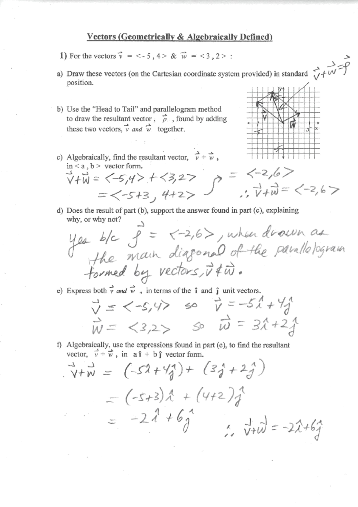 Vectors Worksheet Answer Key - MATH A108 - 294 d e g r e e s - Studocu