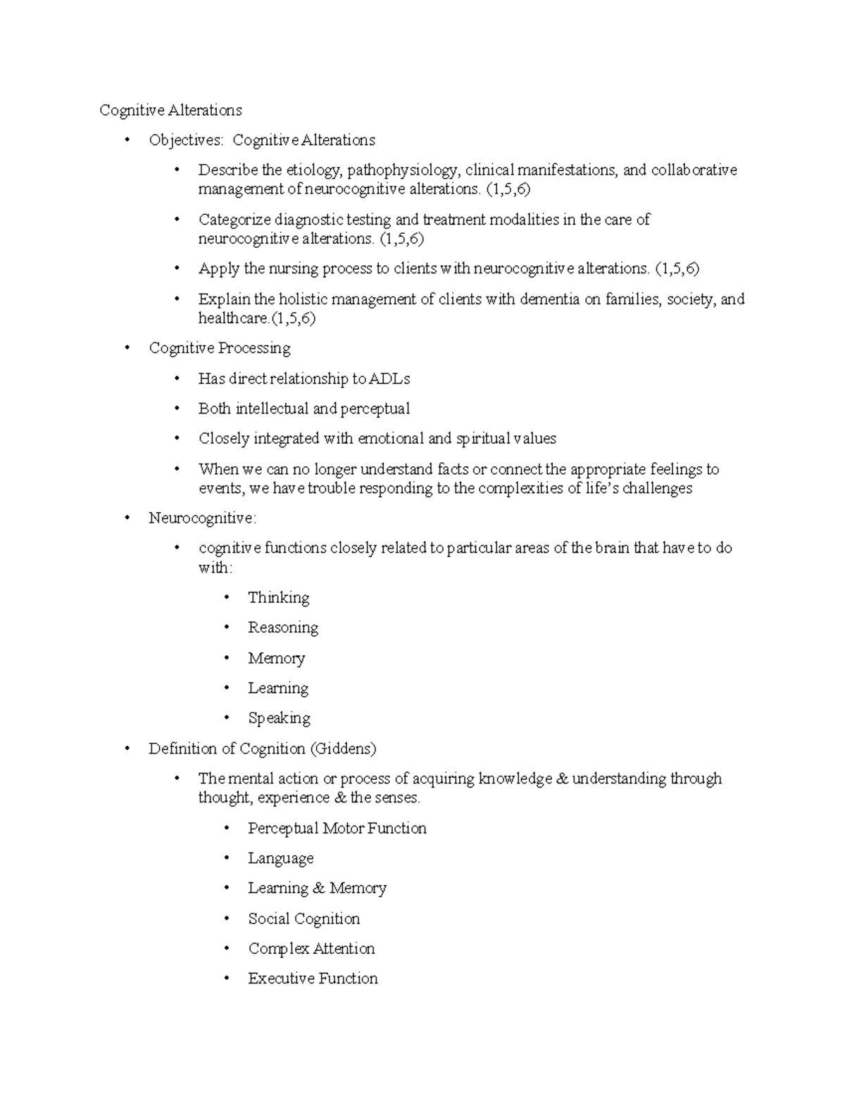 Cognitive Alterations Study Guide - Cognitive Alterations Objectives ...