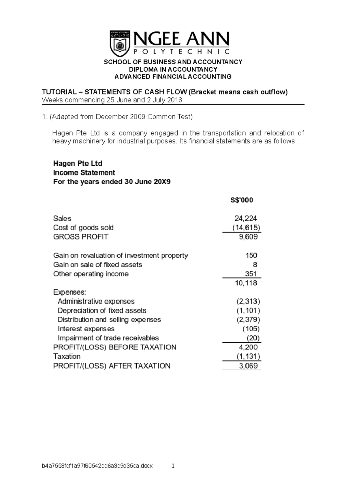 Tutorial 7 - Cash Flow Statement - SCHOOL OF BUSINESS AND ACCOUNTANCY ...