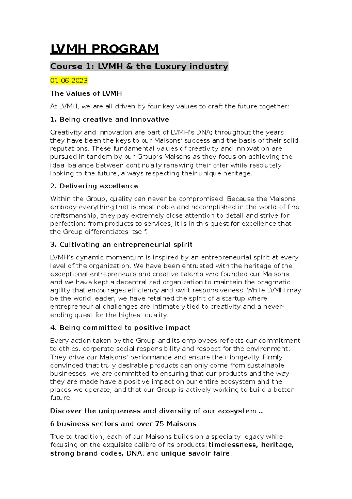 LVMH Program - notes lvmh - LVMH PROGRAM Course 1: LVMH & the Luxury ...
