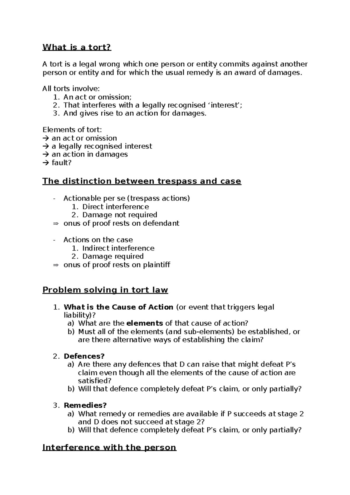 Summary - What is a tort? A tort is a legal wrong which one person or ...
