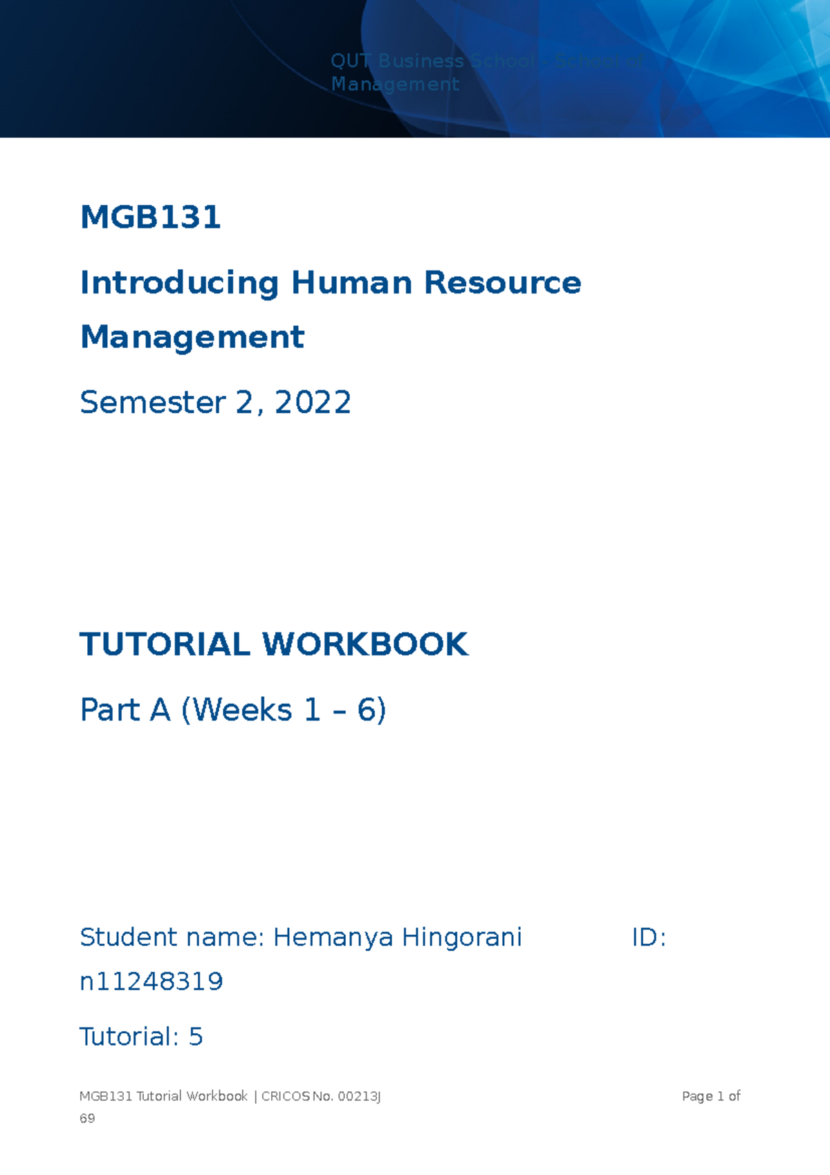 MGB131 Tutorial Workbook 2022 Part A (weeks 1-6) - QUT Business School ...