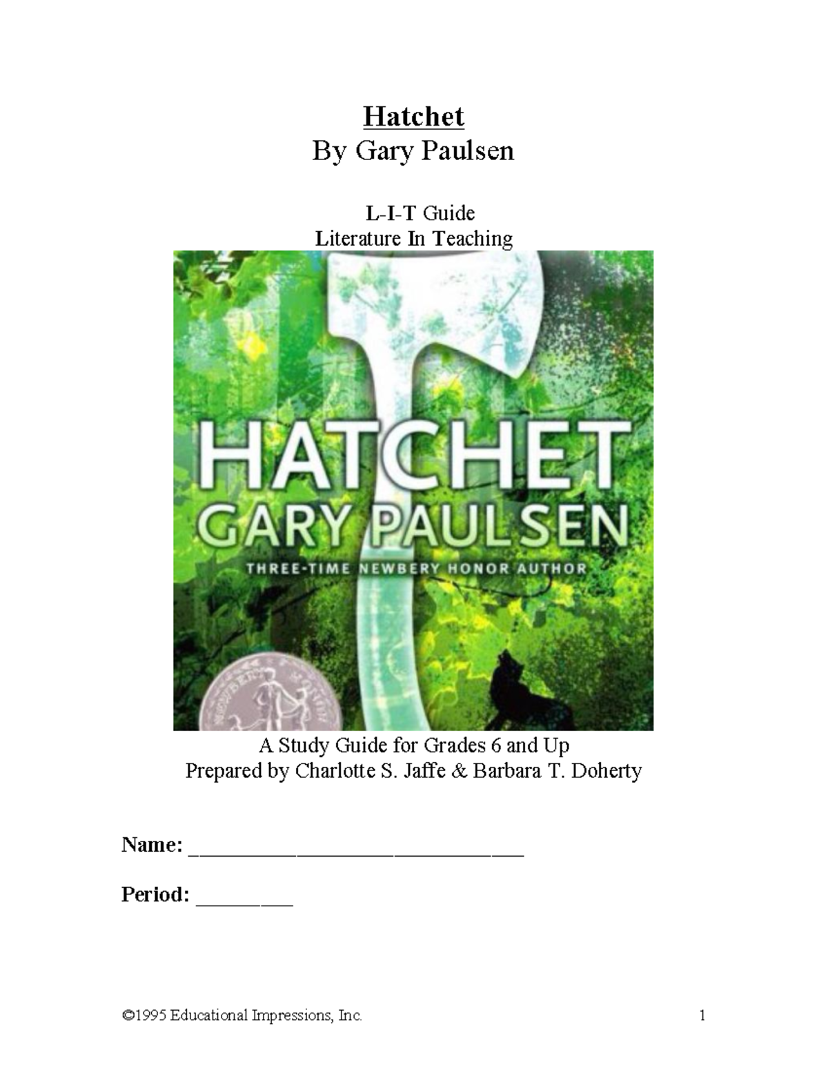 Hatchet workbook - reading activity - Hatchet By Gary Paulsen L-I-T ...